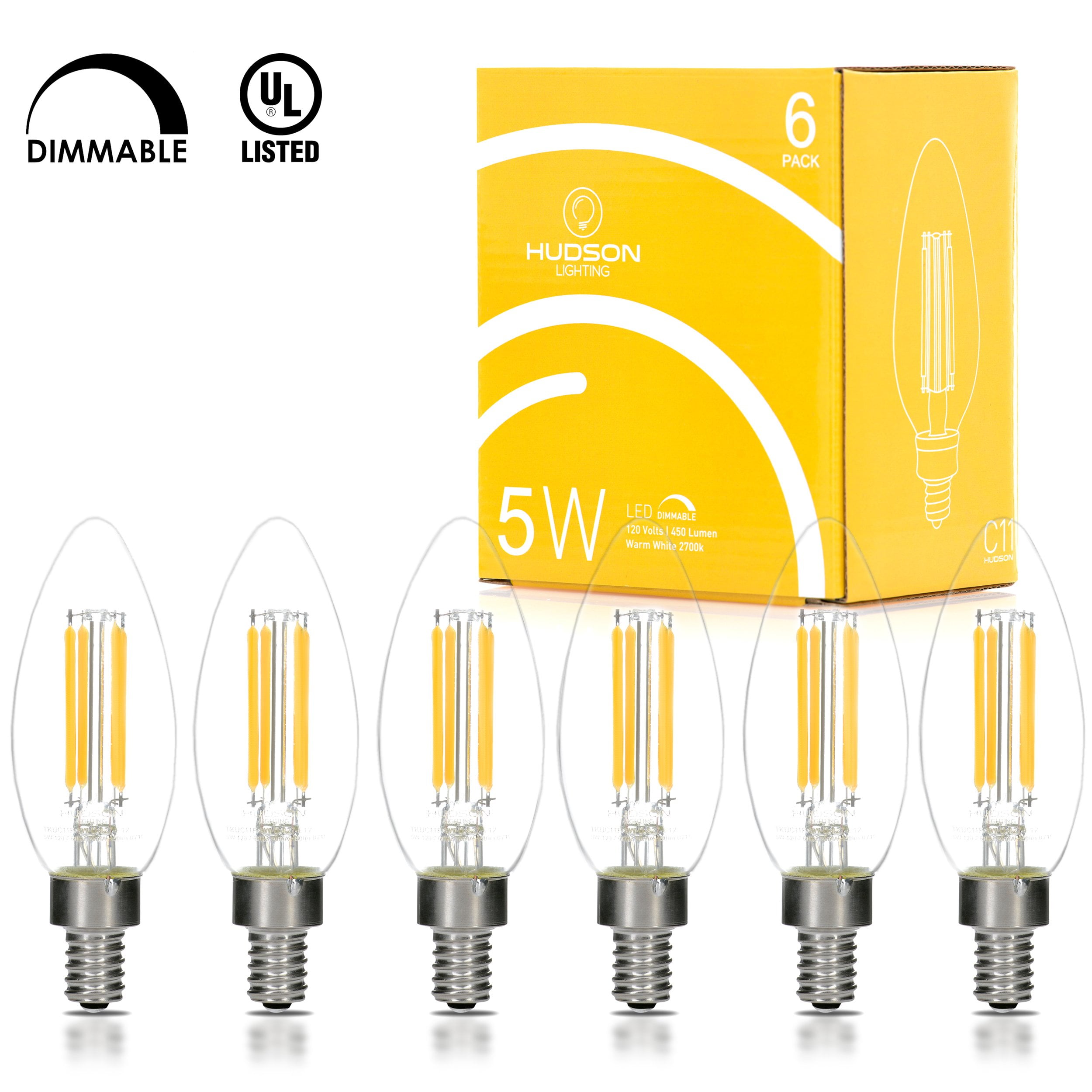Dimmable LED Candelabra Bulb- 6 PACK- UL Listed- 5 Watt- 450 Lumen- E12 ...