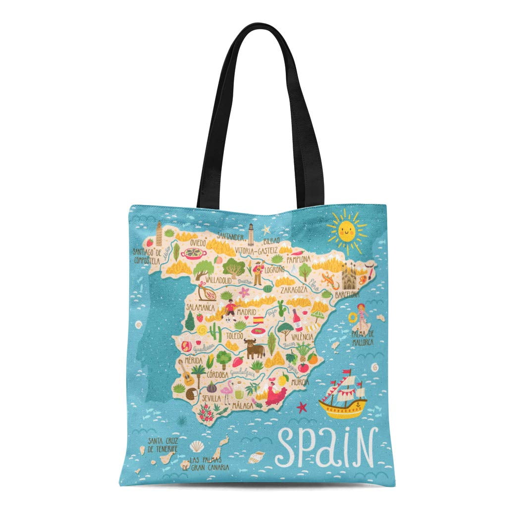 SIDONKU Canvas Tote Bag Map of Spain Travel Spanish Landmarks People ...
