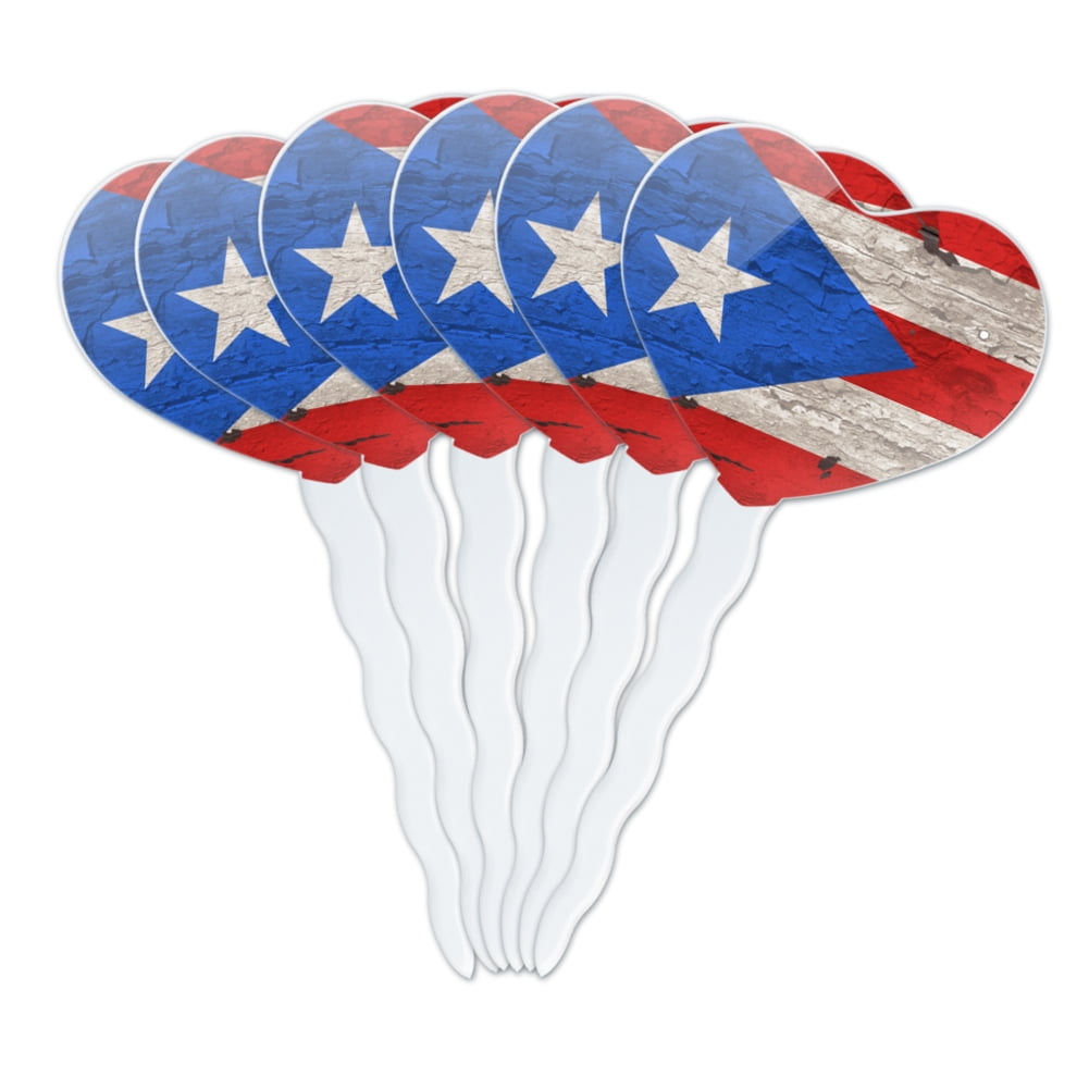 Rustic Distressed Puerto Rico Flag Wood Look Heart Love Cupcake Picks ...