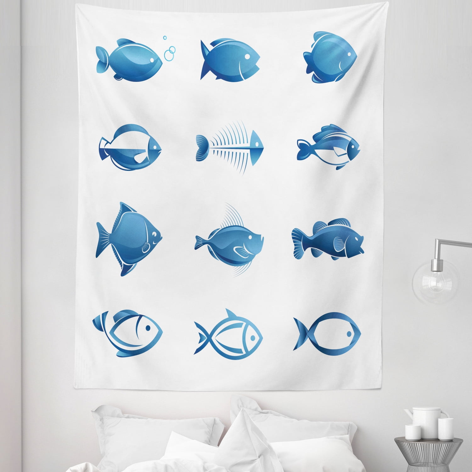 Fish Tapestry, Array of Fish Silhouettes Marine Life Sea Ocean Related ...
