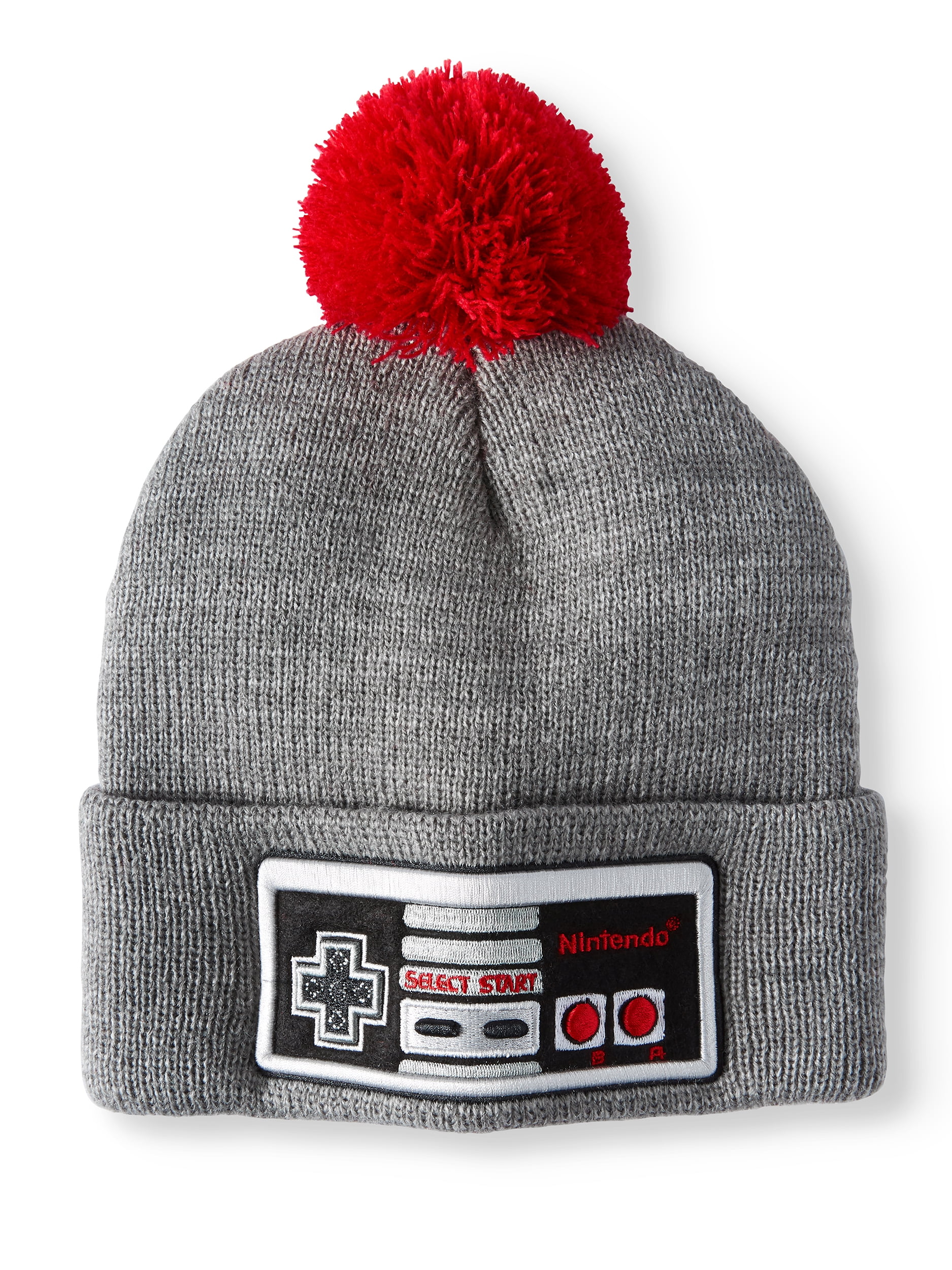 Men's Embroidered Nintendo Controller Marled Knit Cuff Cap with Pom ...