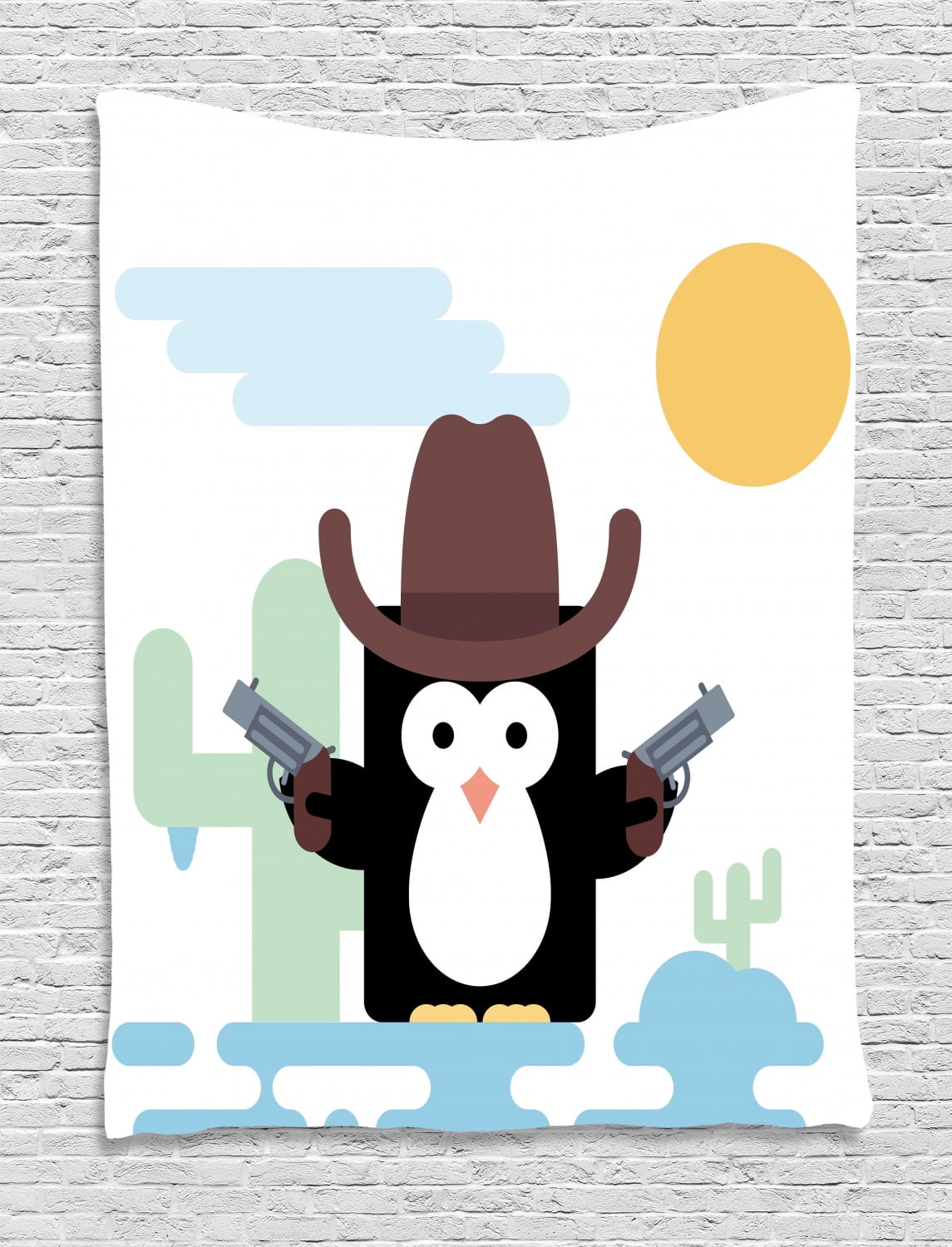 Rodeo Tapestry, Cowboy Penguin with Tools and a Hat in Front of Cactus ...