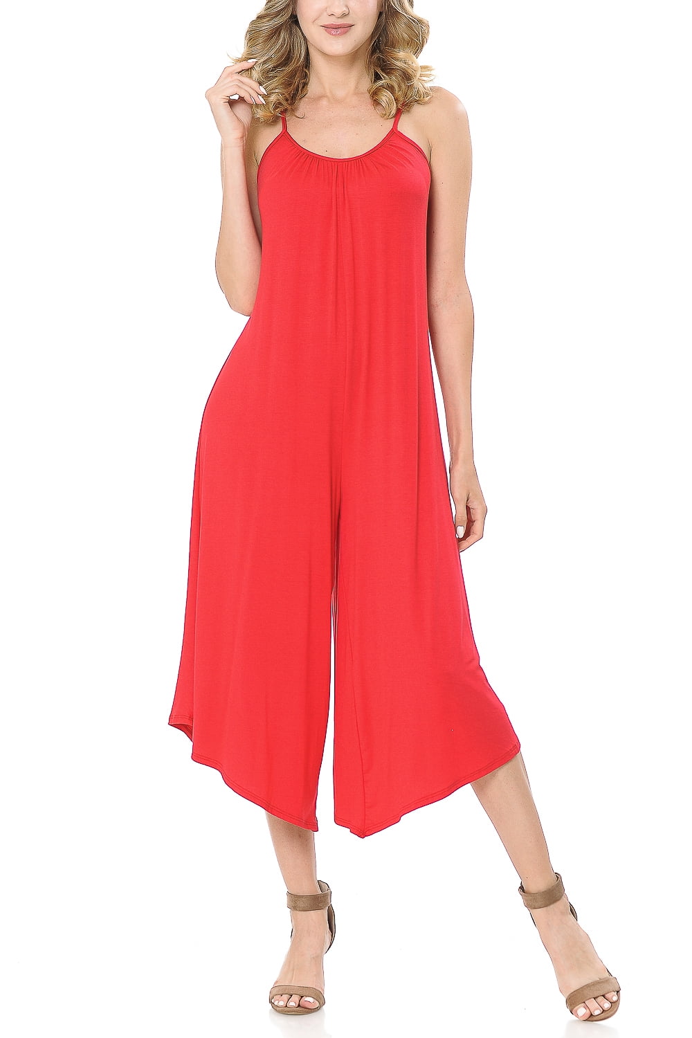SSOULM Women's Pleated Spaghetti Strap Wide Leg Palazzo Capri Jumpsuit ...