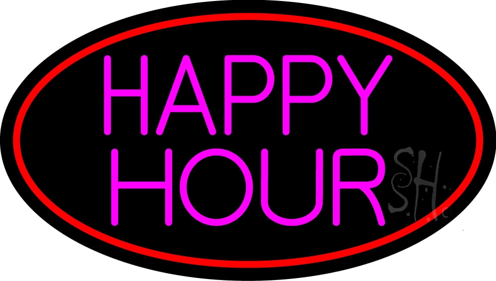 Pink Happy Hour Oval With Red Border LED Neon Sign 20 x 37 - inches ...