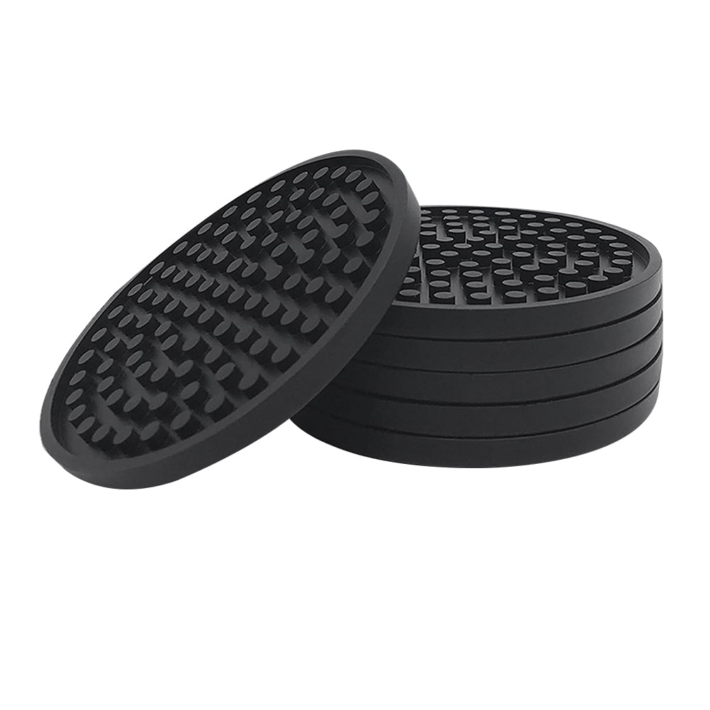 Black Round Silicone Rubber Drink Coasters (Set of 6) Non-Slip Perfect ...