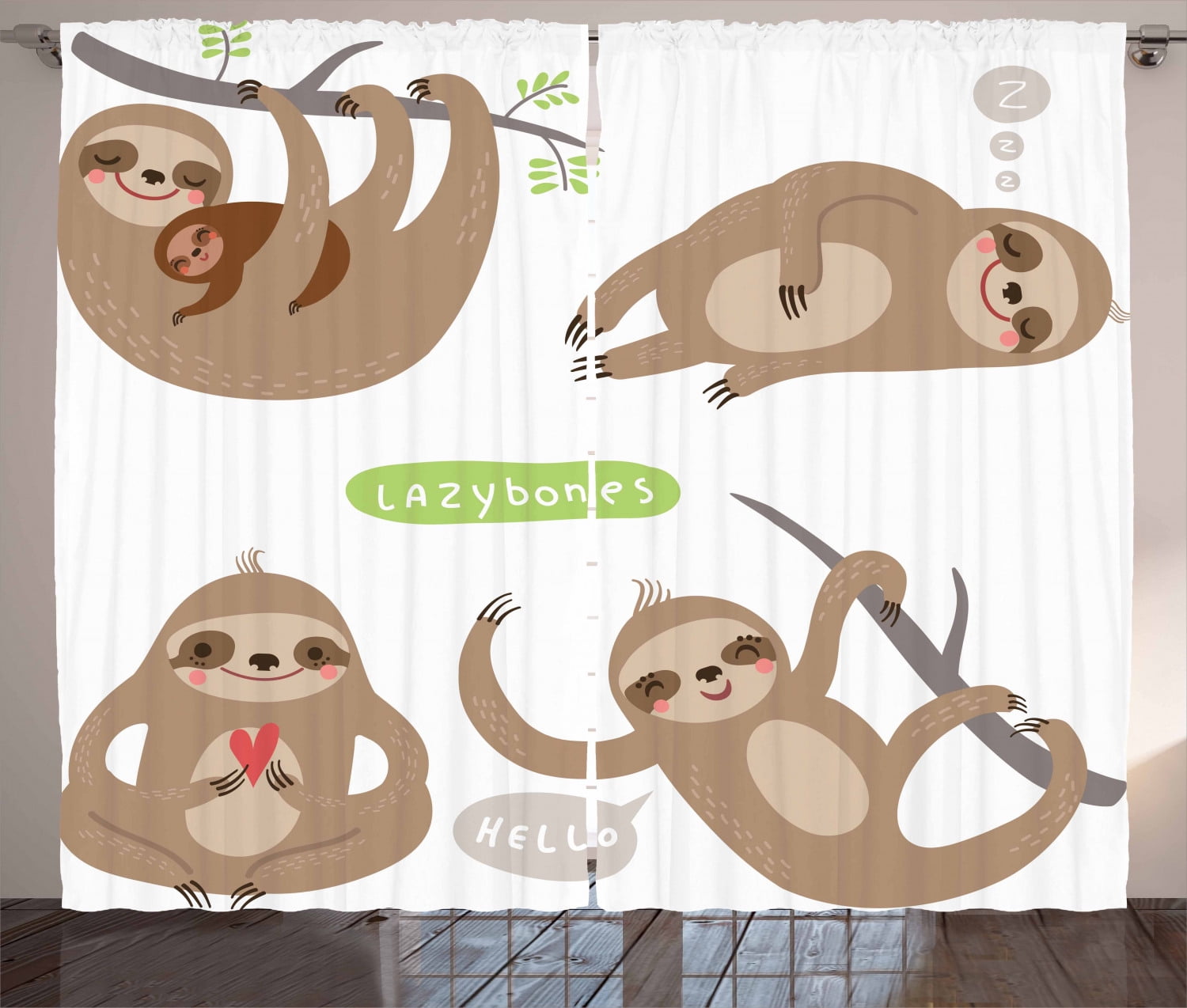 Sloth Curtains 2 Panels Set, Childish Collection of Funny Cute Lazy ...