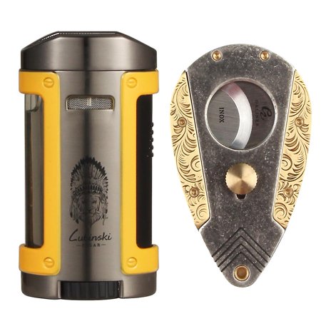 High end Cigar Lighter Cutter Set Metal 4 Torch Flame Cigar Lighter W ...