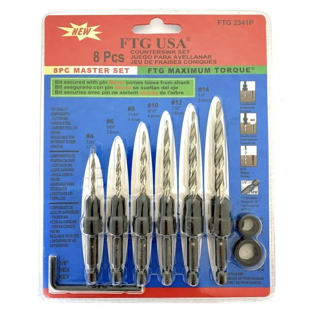 FTG USA Wood Countersink Drill Bit Set #4#6#8#10#12#14 with 2 Stop ...