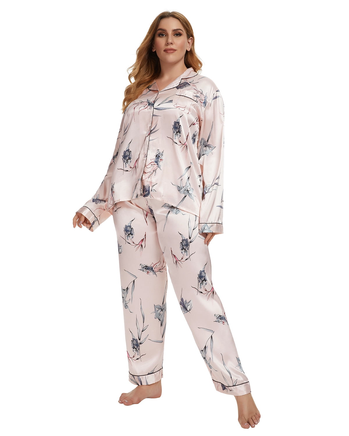 Mintlimit Womens Silk Satin Pajamas Button Down Floral Long Sleeve V