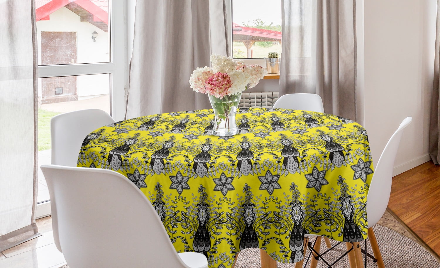 Grey and Yellow Round Tablecloth, Orietal Paisley Floral Design Ivy ...