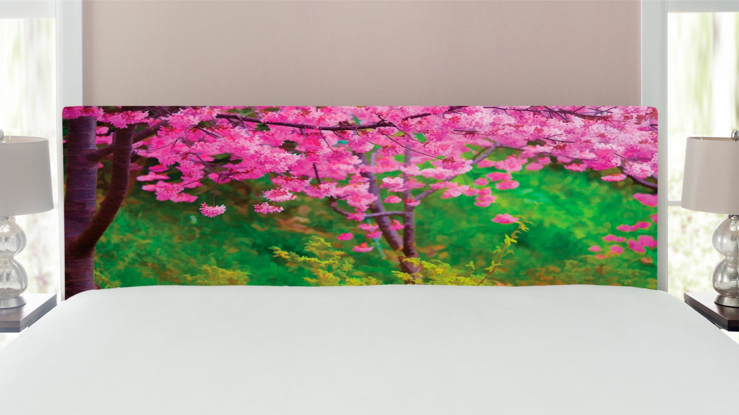 Japanese Headboard, Sakura Flowers Trees in Spring Garden Landscape ...