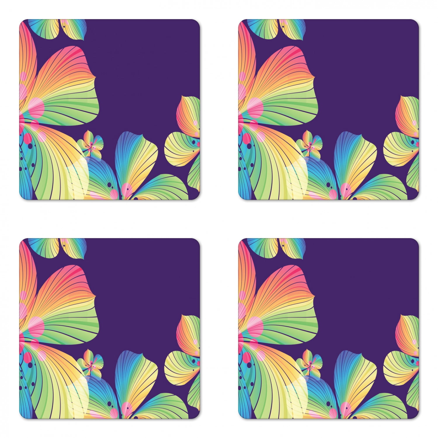 Tropical Coaster Set of 4, Abstract Giant Exotic Flower Rainbow Petals ...