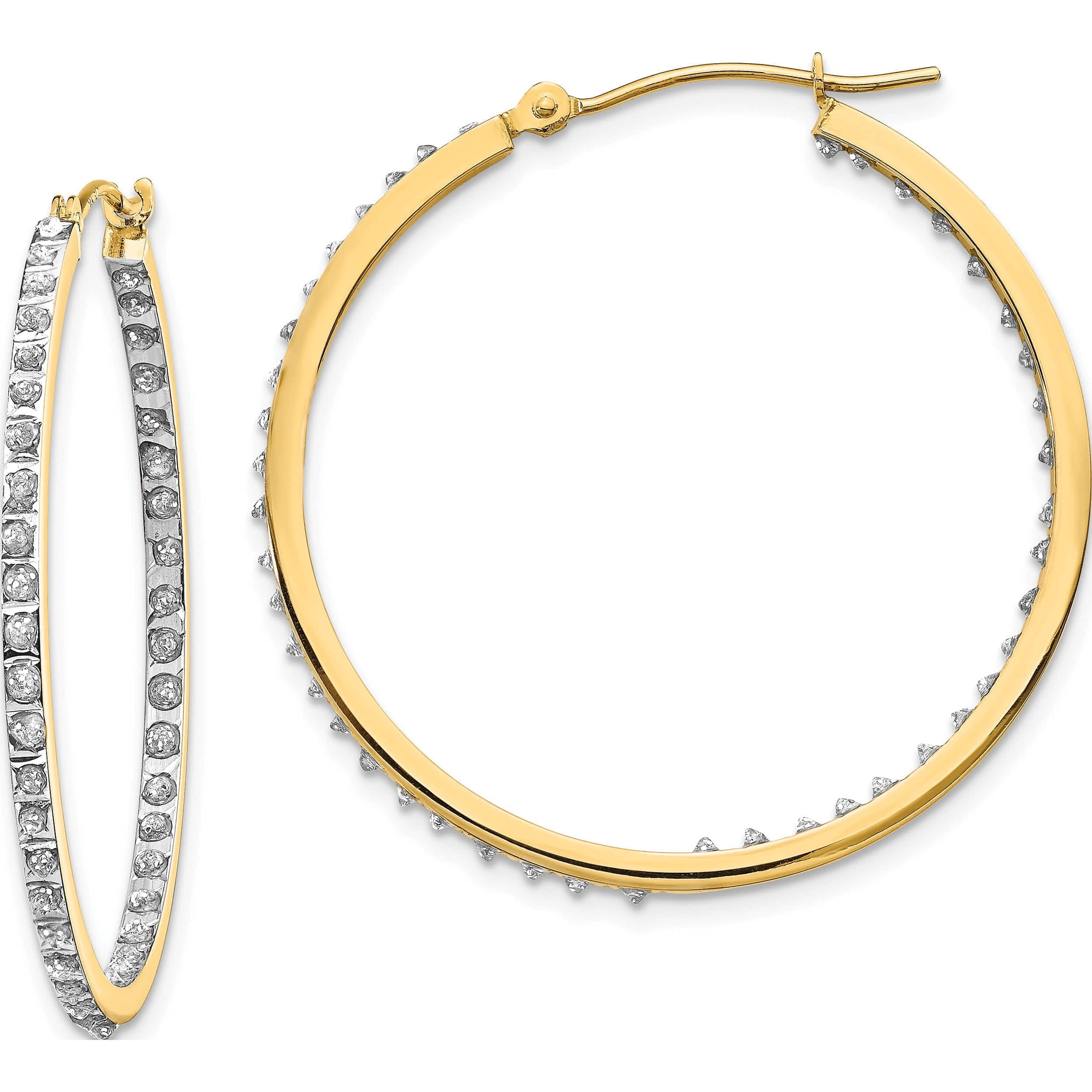 14K Yellow Gold Diamond Fascination Round Hinged Hoop Earrings (35 X 2 ...