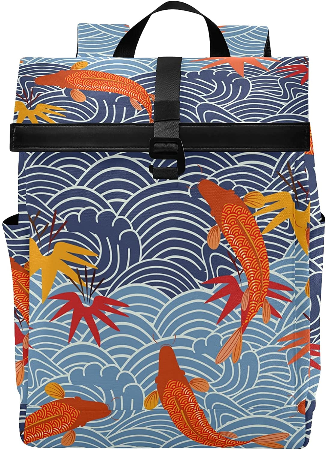 Carp Red Fish Goldfish Sea Wave Backpack Roll Top Daypack Laptop Work ...