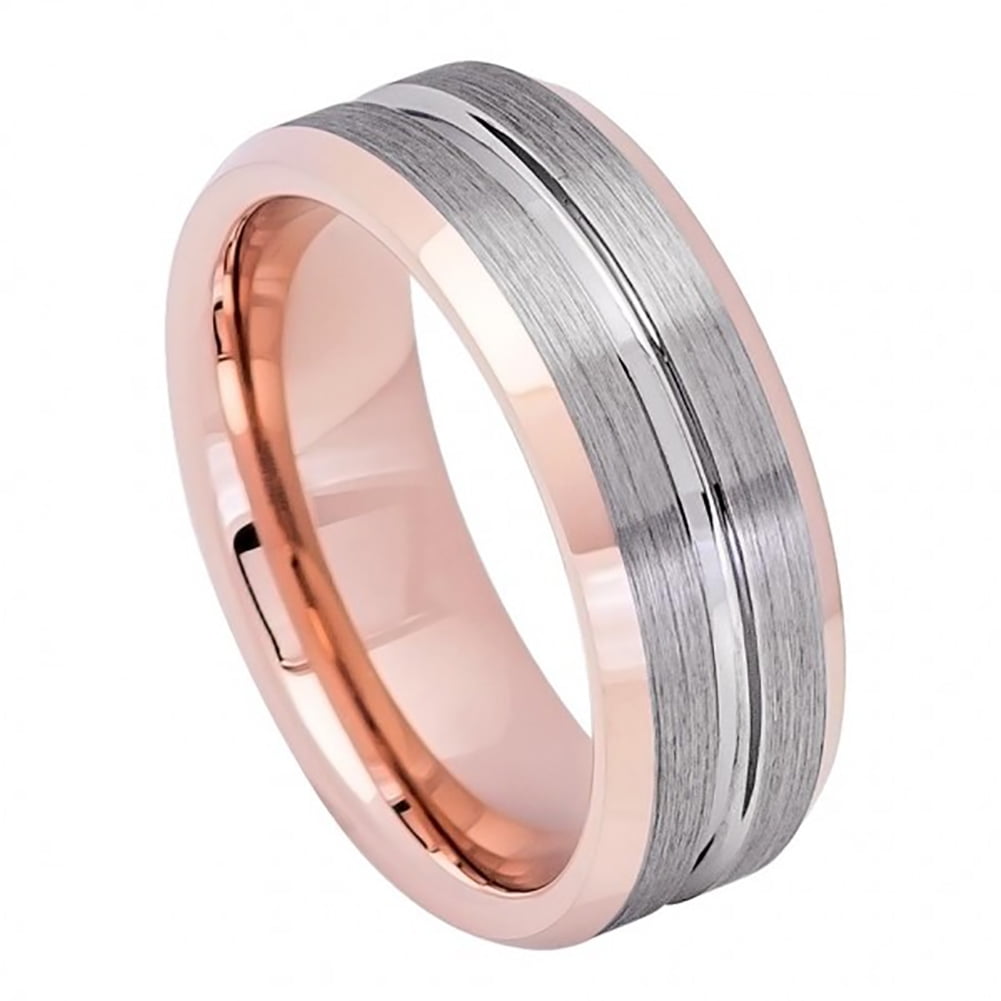 TJ&CO. - 8mm Tungsten Rose Gold IP Plated Inside & Gun Metal Grooved ...