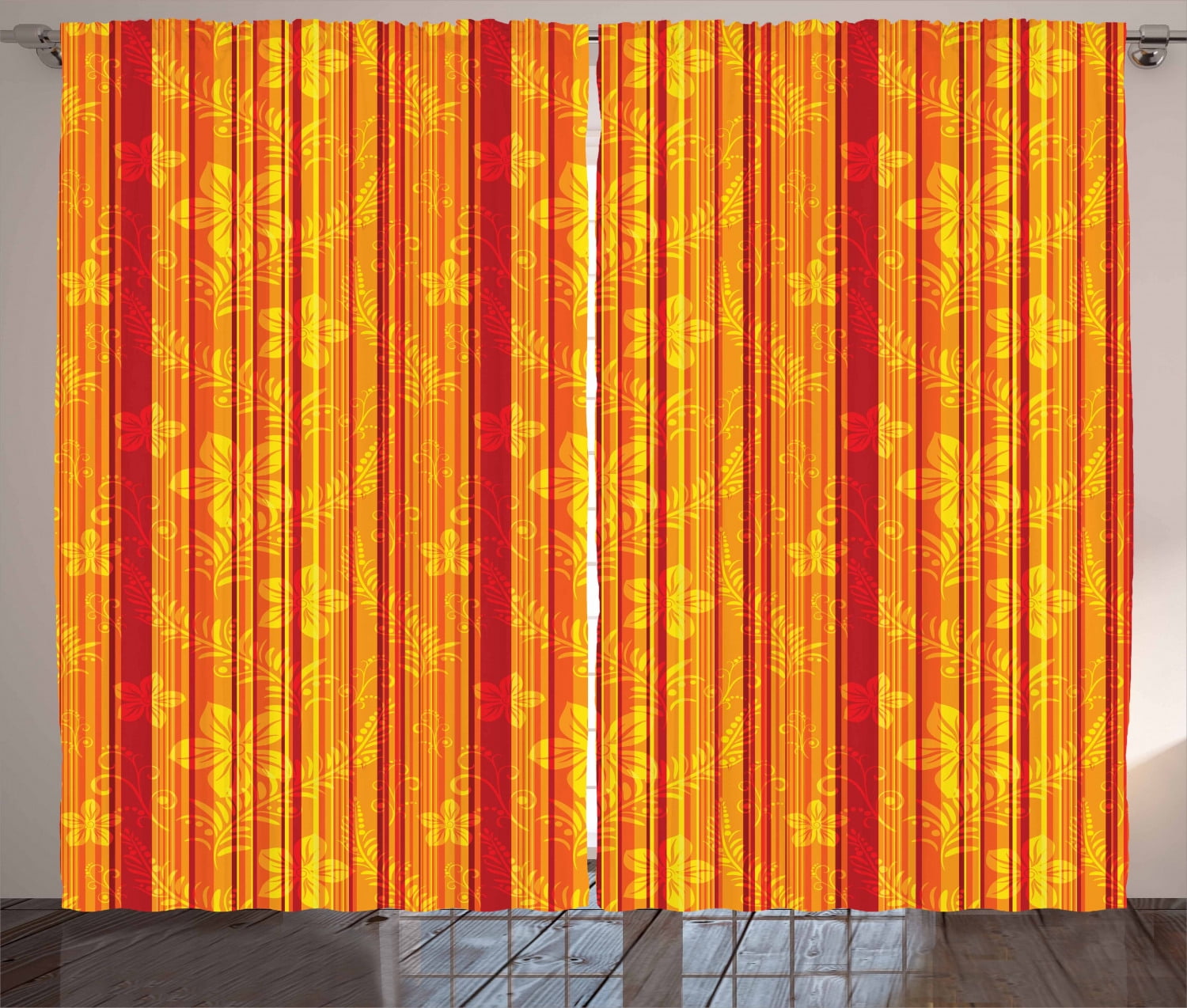 Orange Curtains 2 Panels Set, Vertically Stripes Pattern with Stylized ...