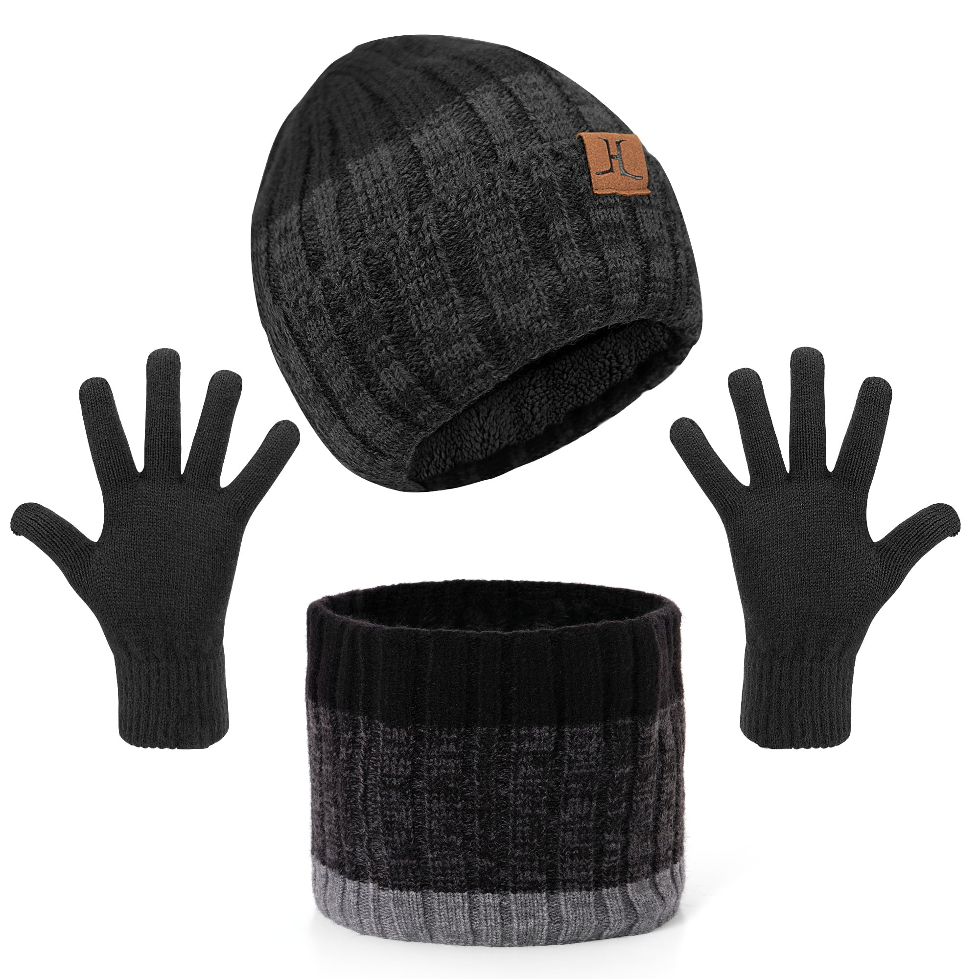 Maylisacc 3Pcs Adult Winter Knitted Hat Scarf Gloves Set with Warm ...