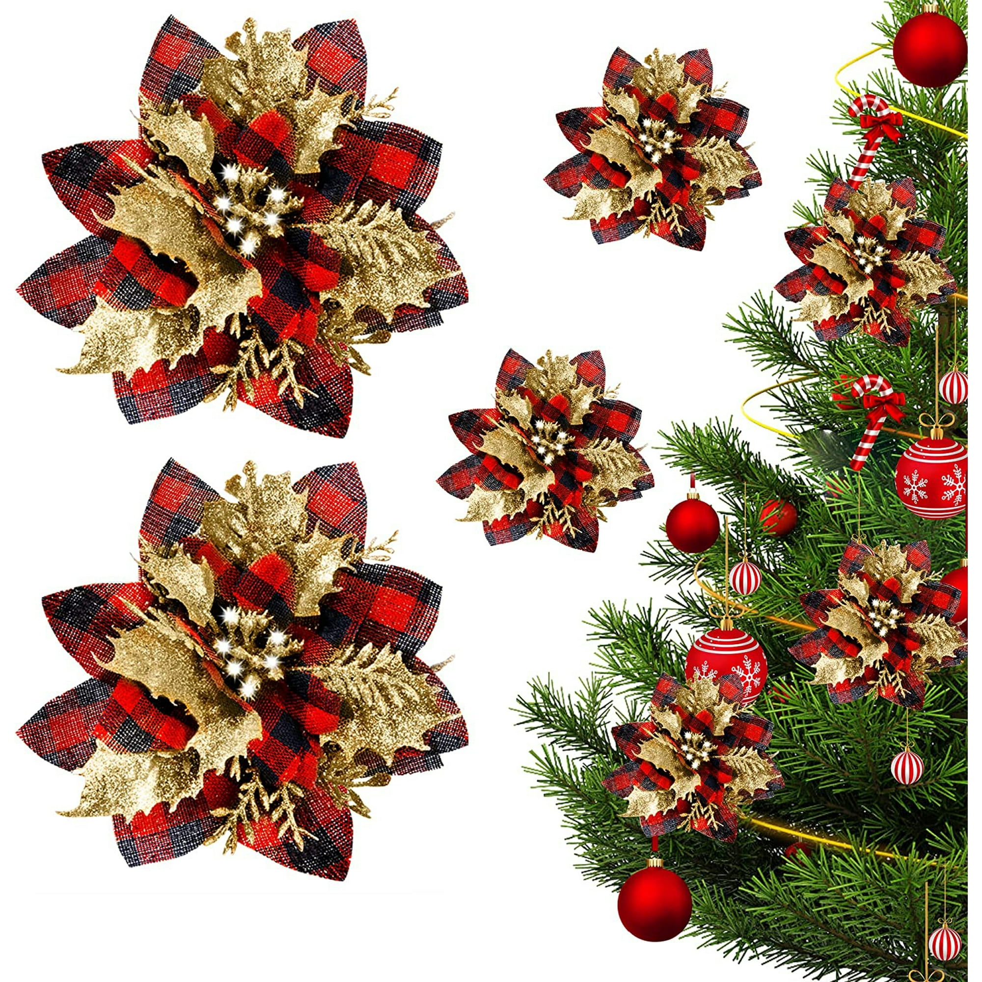 Click here for Damaie 12pcs Christmas Plaid Glitter Poinsettia-Ar... prices