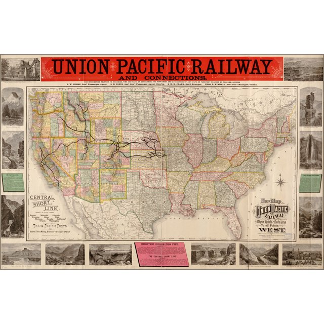 24"x36" Gallery Poster, map of the Union Pacific Railway railroad 1883 ...