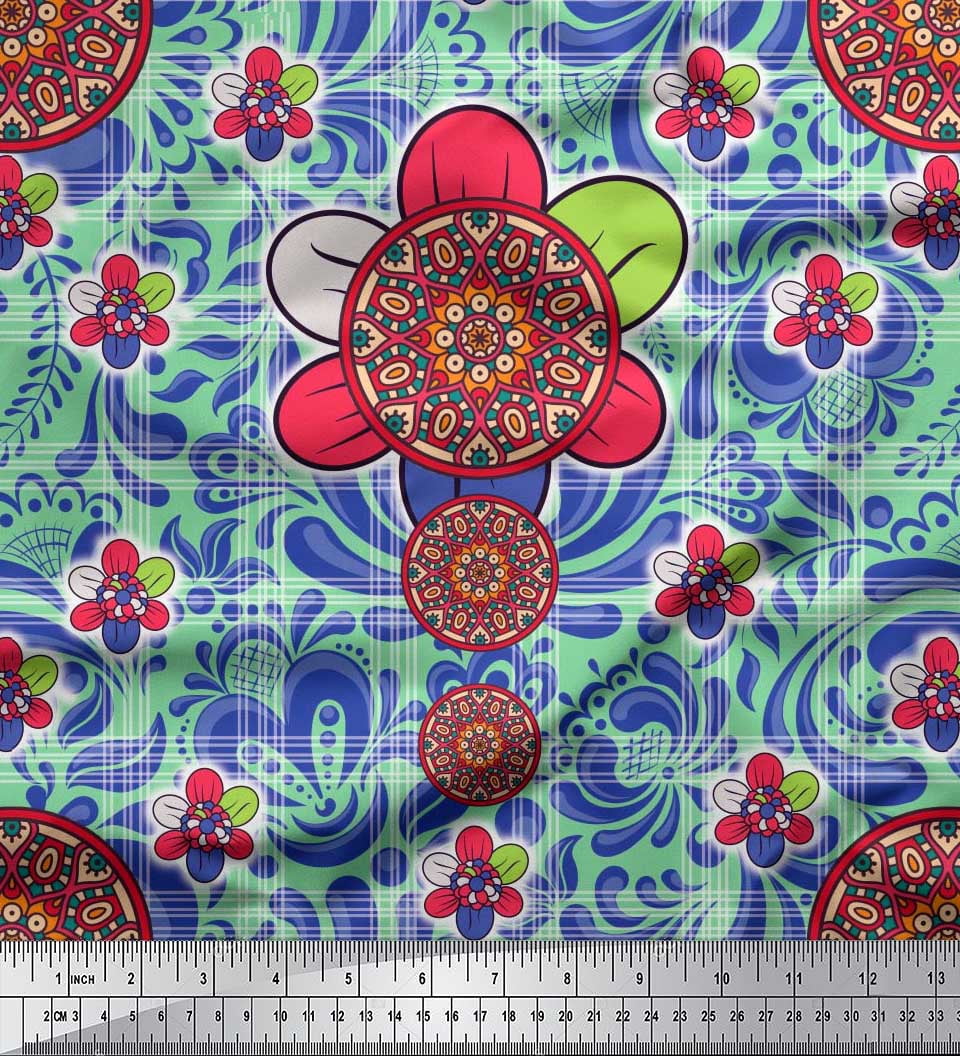Soimoi Japan Crepe Satin Fabric Check & Mandala Floral Print Fabric by ...
