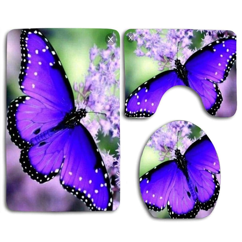 GOHAO Purple Butterfly 3 Piece Bathroom Rugs Set Bath Rug Contour Mat ...