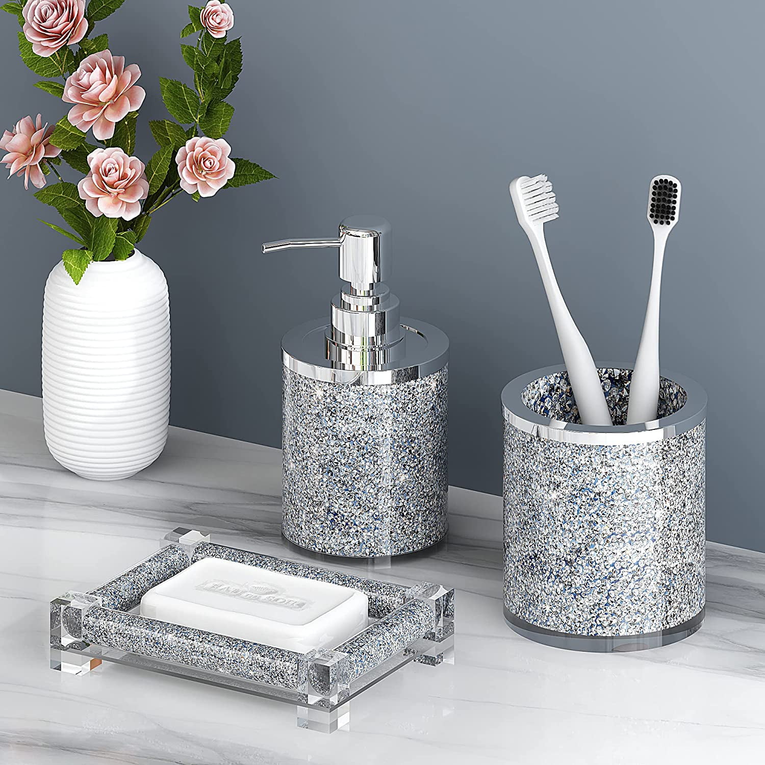 3PCS Bathroom Accessories Set , Dispenser Soap Pump & Toothbrush Holder ...