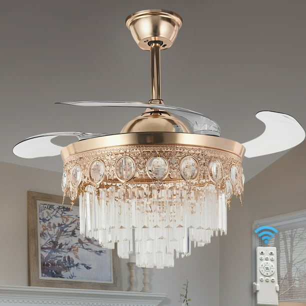 FINE MAKER 42" Crystal Ceiling Fan with Light Remote Chandelier with ...