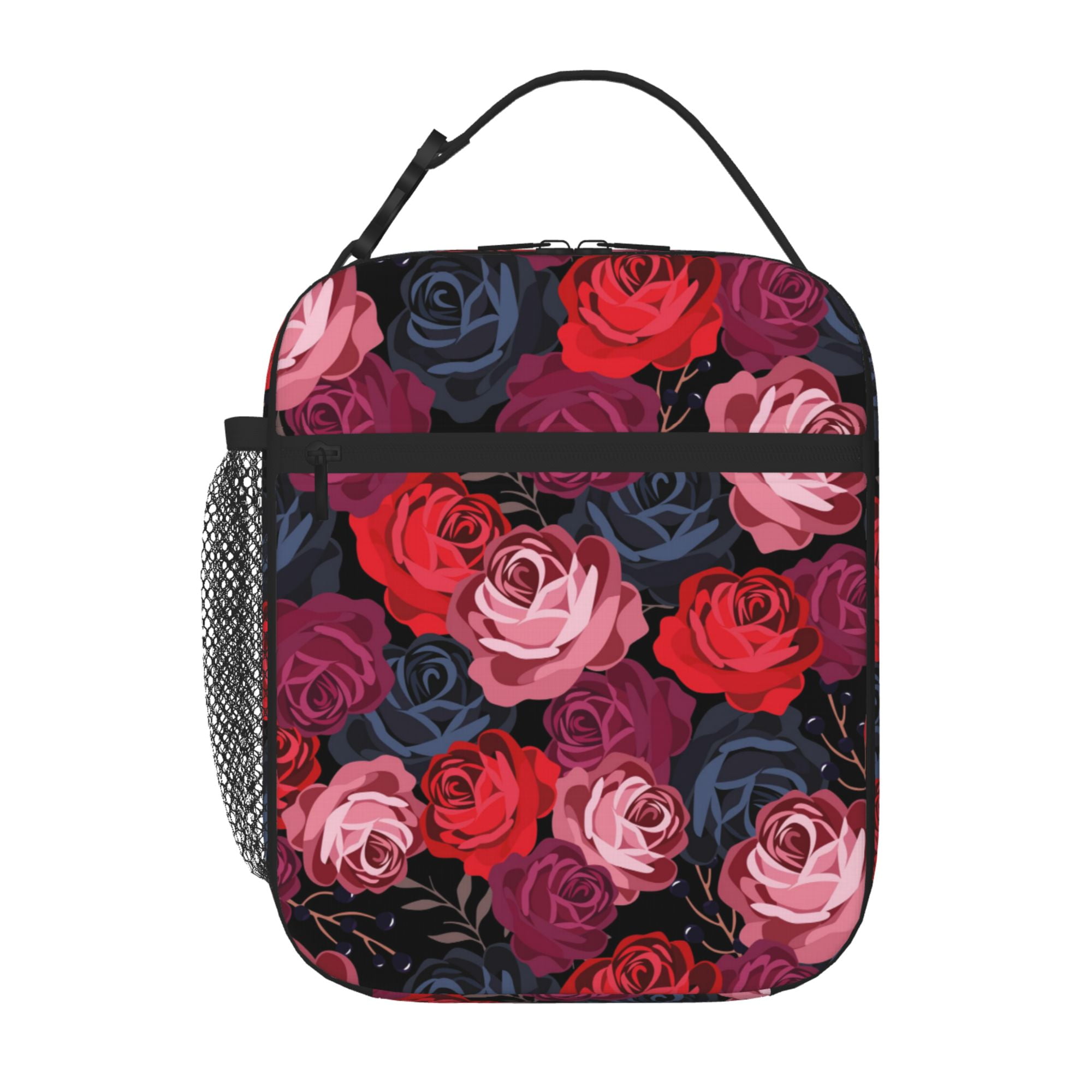 TEQUAN Portable Lunch Bag, Retro Black Pink Rose Pattern Reusable ...