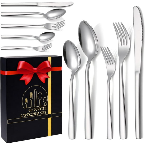 40 Piece Stainless Steel Flatware Set for 8, Smooth Square Edge, Mirror ...