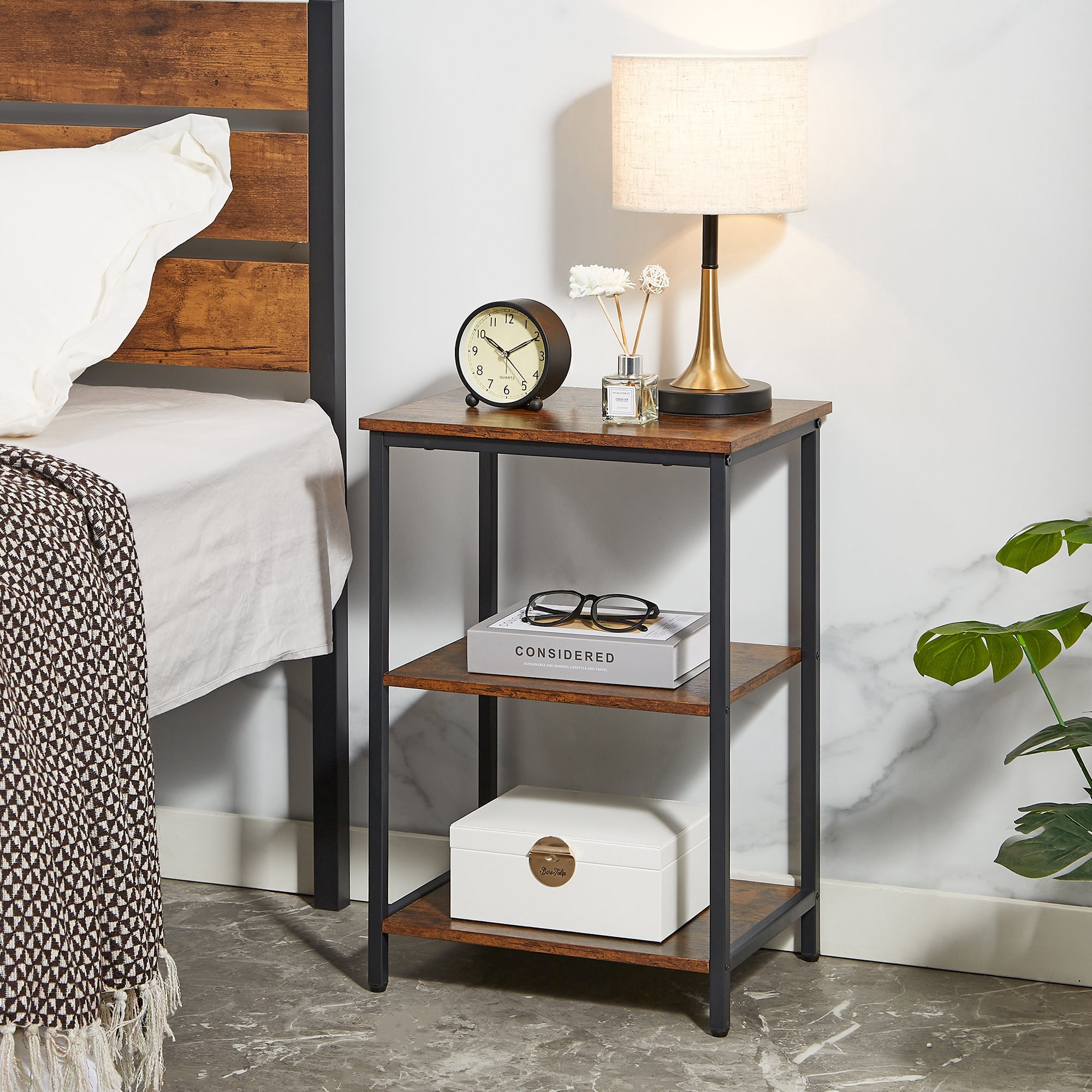 VECELO 3-Tier Side Table With Wood Storage Shelf, Industrial Nightstand ...
