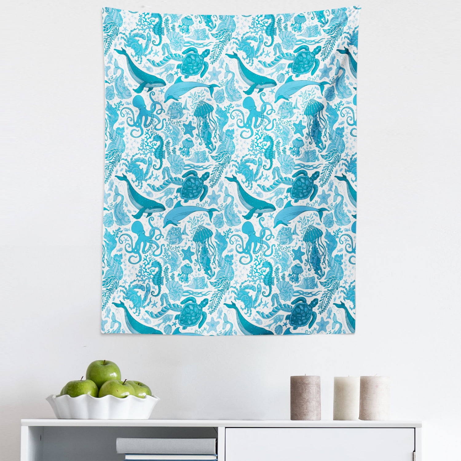 Whales Tapestry, Underwater Life Aquatic Creatures Algae Ocean Fauna ...