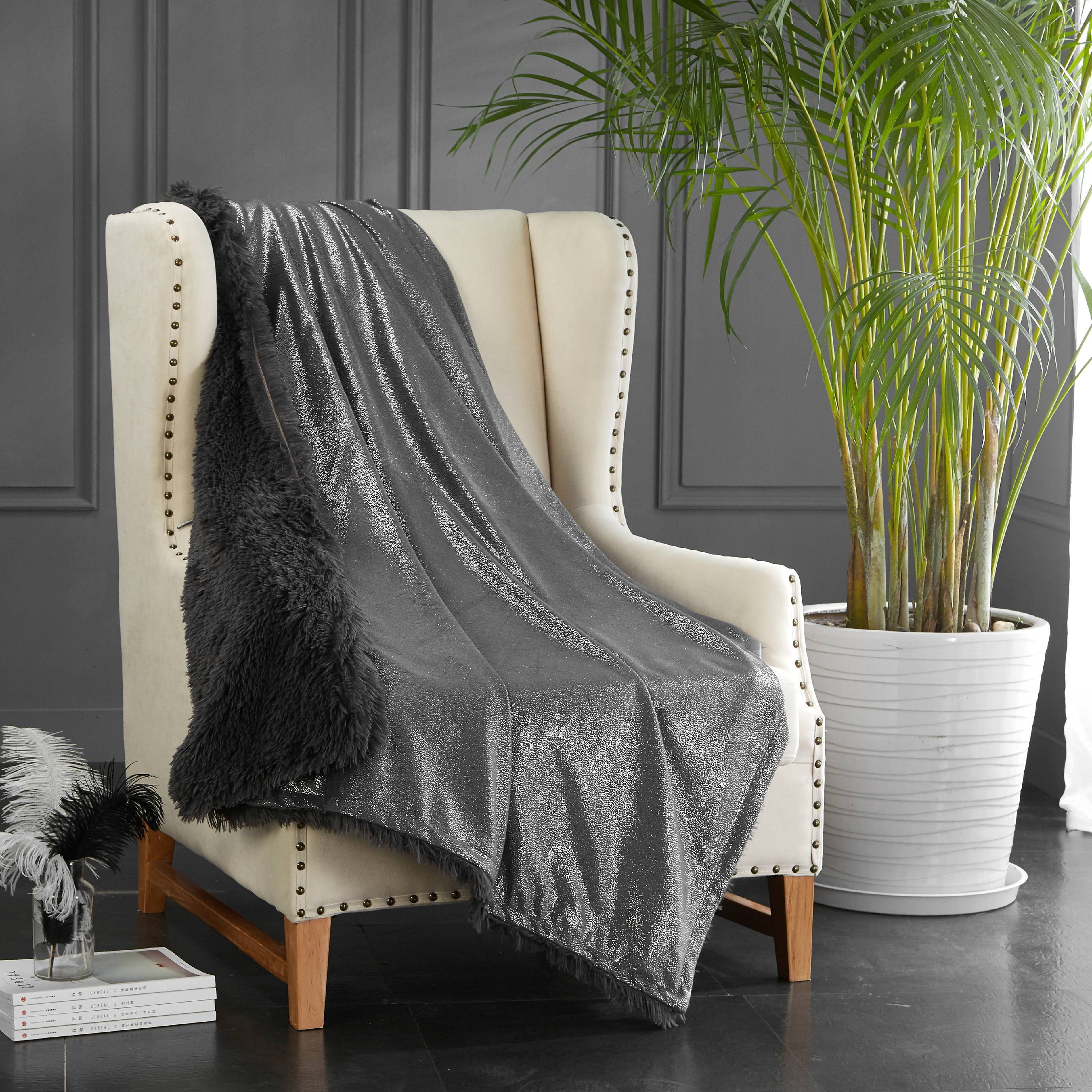 Mainstays Textured Faux Fur & Glitter Metallic Throw, Gunmetal ...
