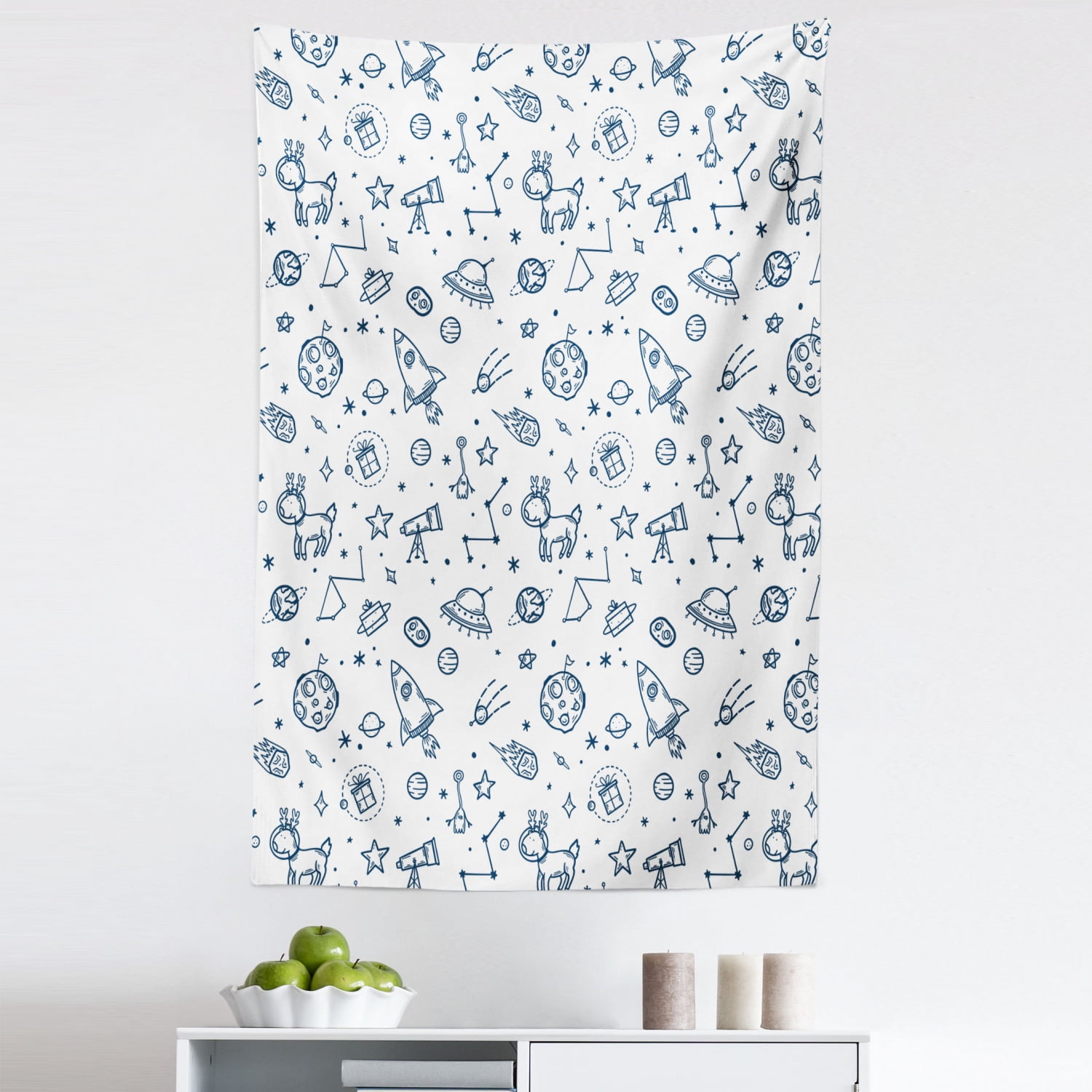 Planet Tapestry, Spaceship Deer in the Void Gift Alien Peace Cartoon ...