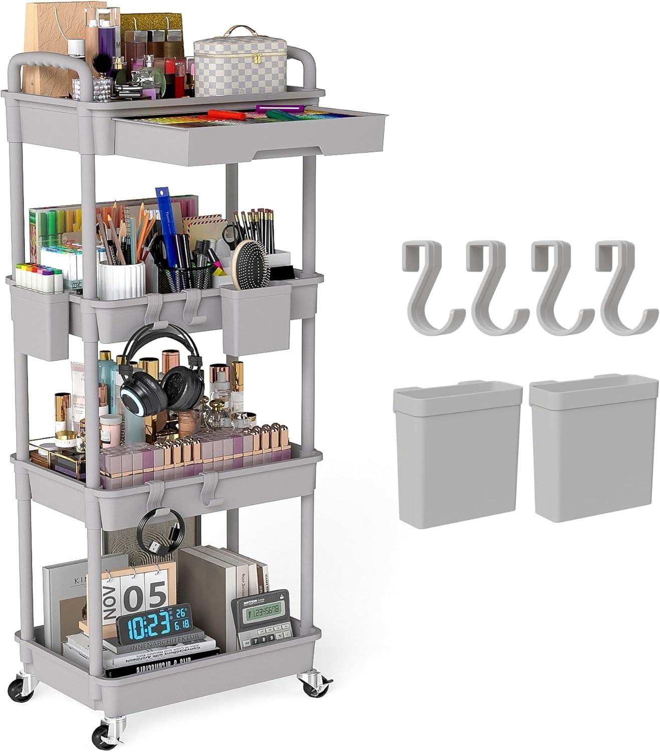 LLMRR 4 Tier Rolling Utility Cart with Drawer, Cart with Drawer ...