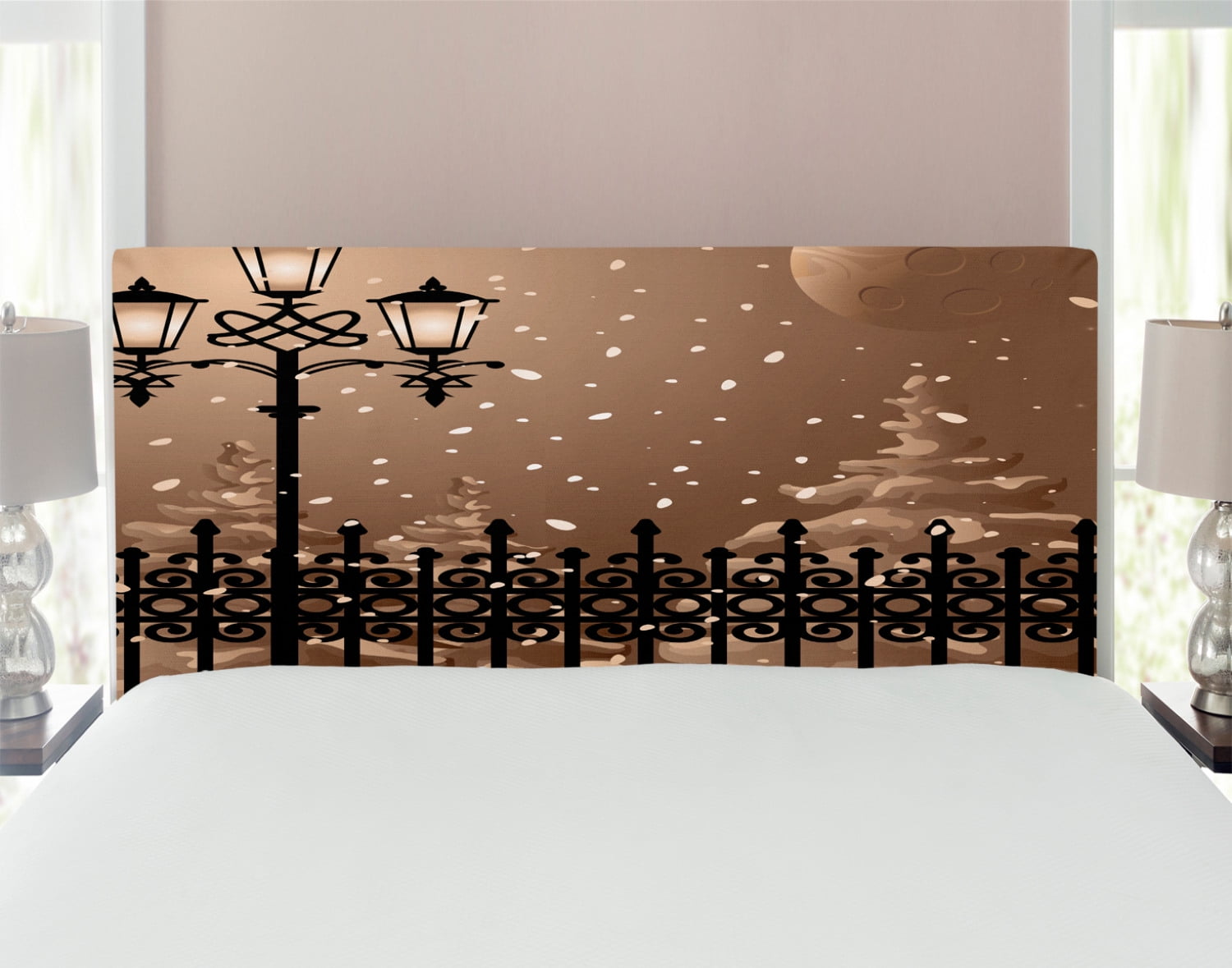 Lantern Headboard, Frozen Scenery Iron Fences City Evening Snow and ...