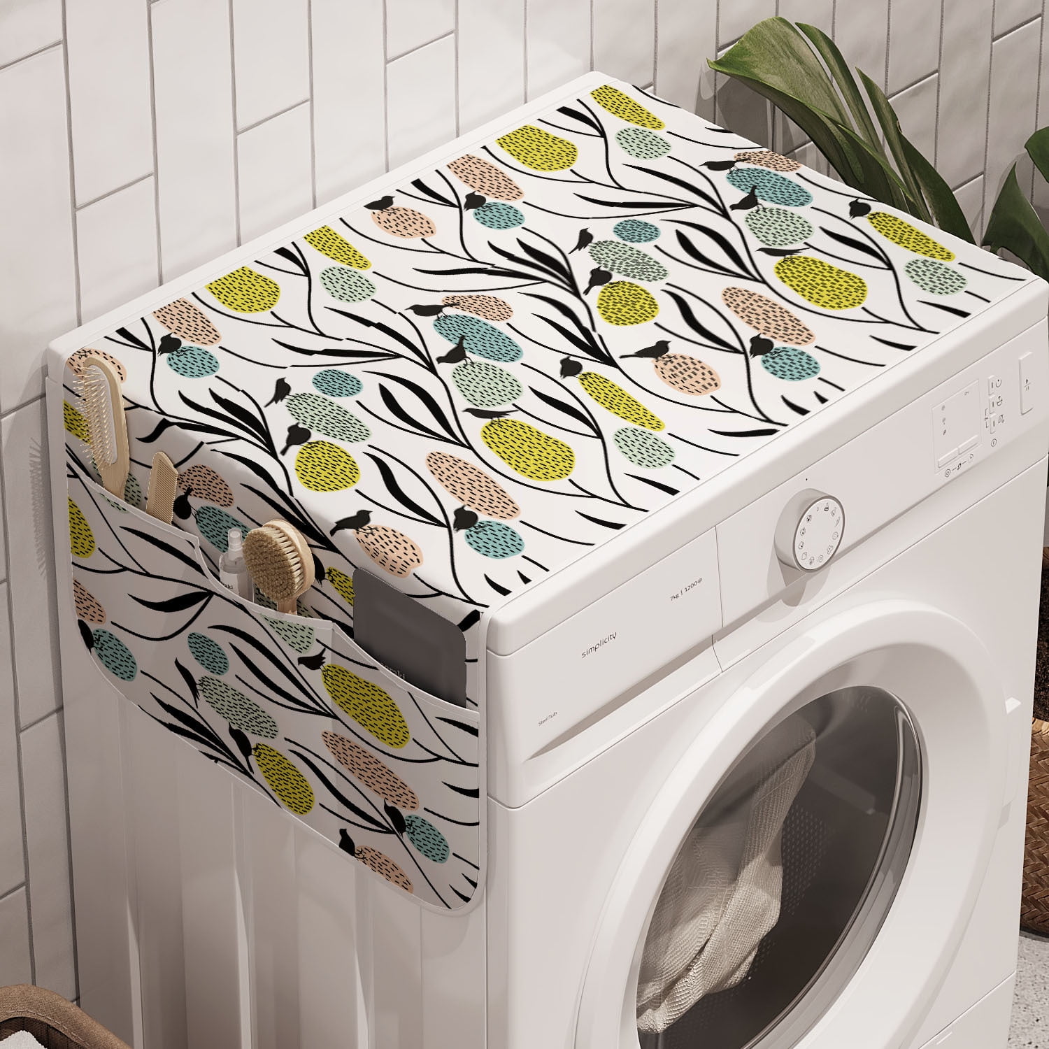Spring Washing Machine Organizer, Abstract Botanical Pattern with Bird ...