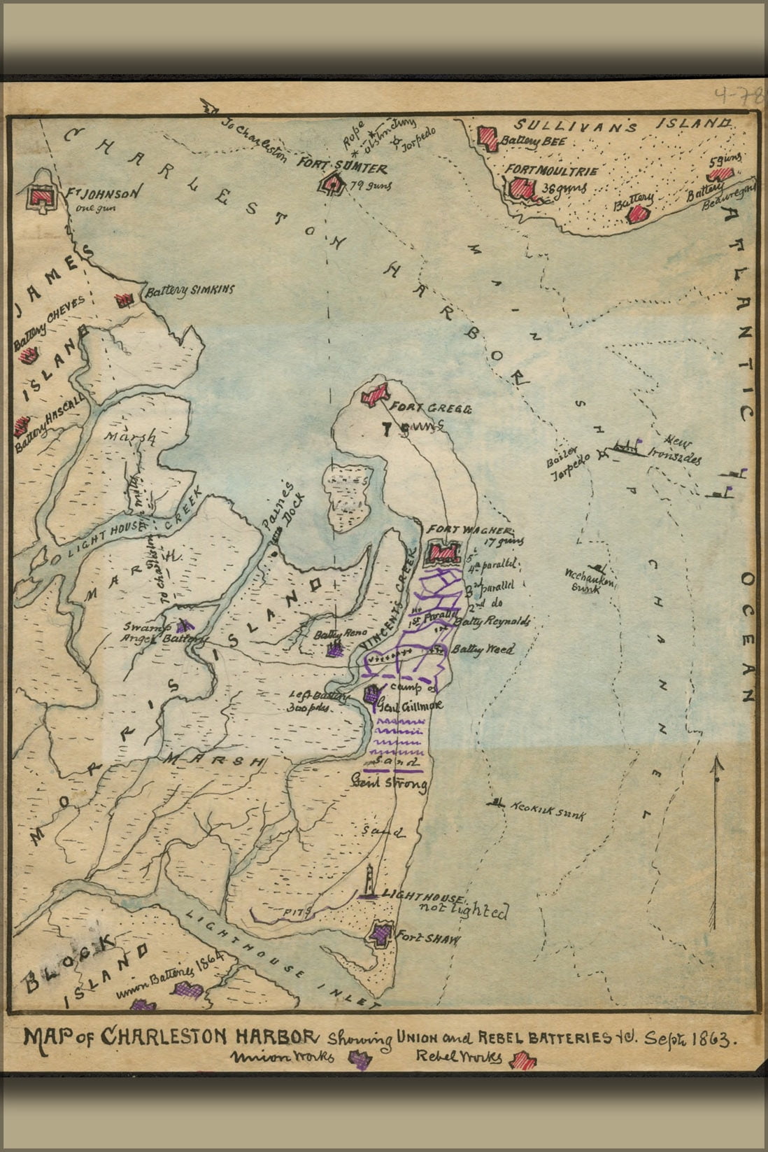 24"x36" Gallery Poster, Map of Charleston Harbor Batteries Sep 1863 ...