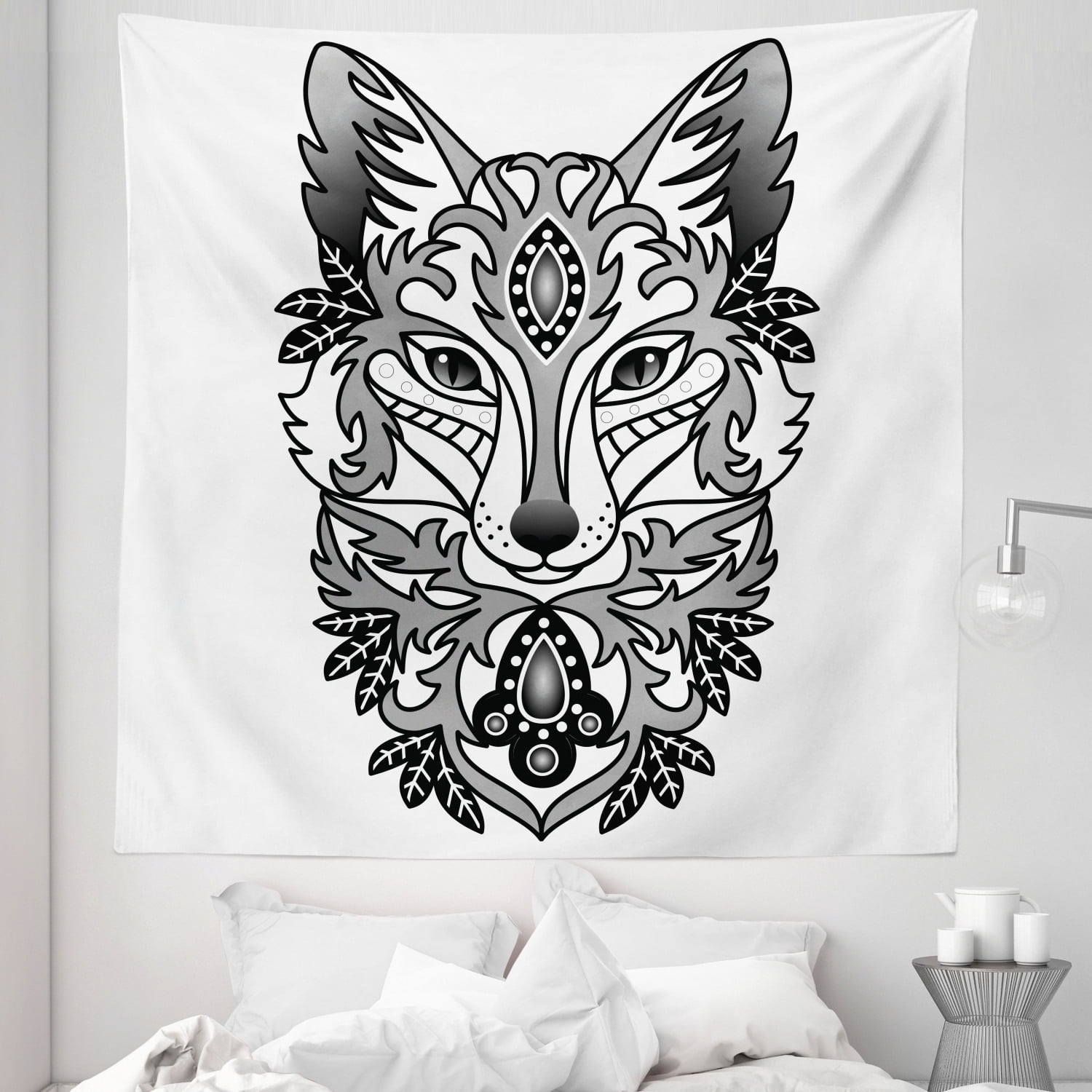 Fox Tapestry, Ornamental Fox Face with Tree Leaves Oval Shapes Dots ...