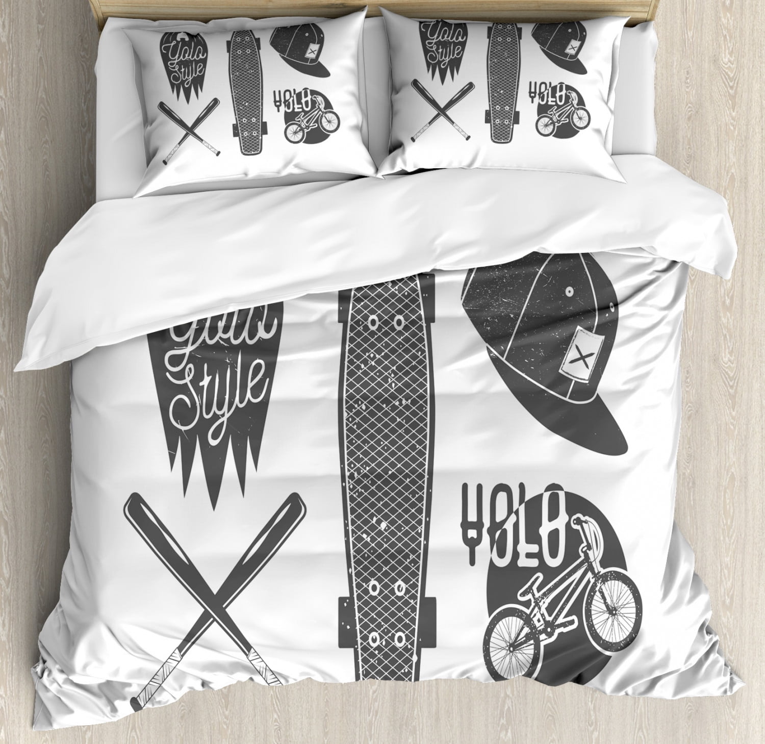 YOLO King Size Duvet Cover Set, Baseball Bat Skateboard and Bicycle ...