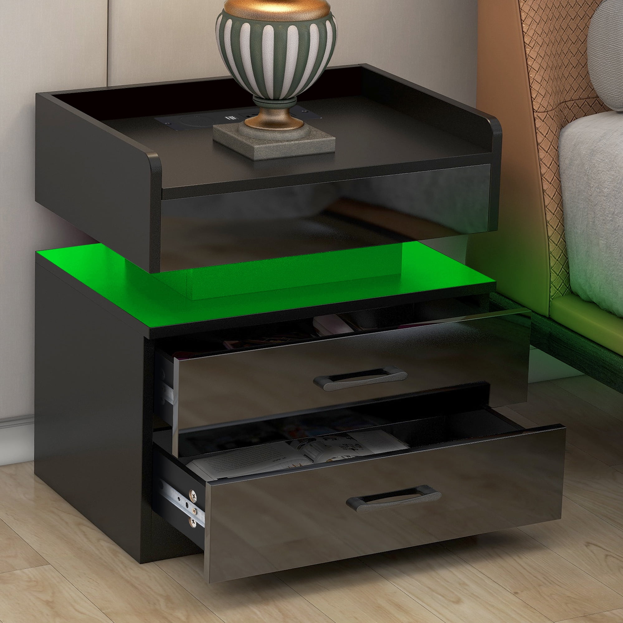 HSUNNS Modern High Gloss Nightstand with 2 Drawers, USB Charging Ports ...