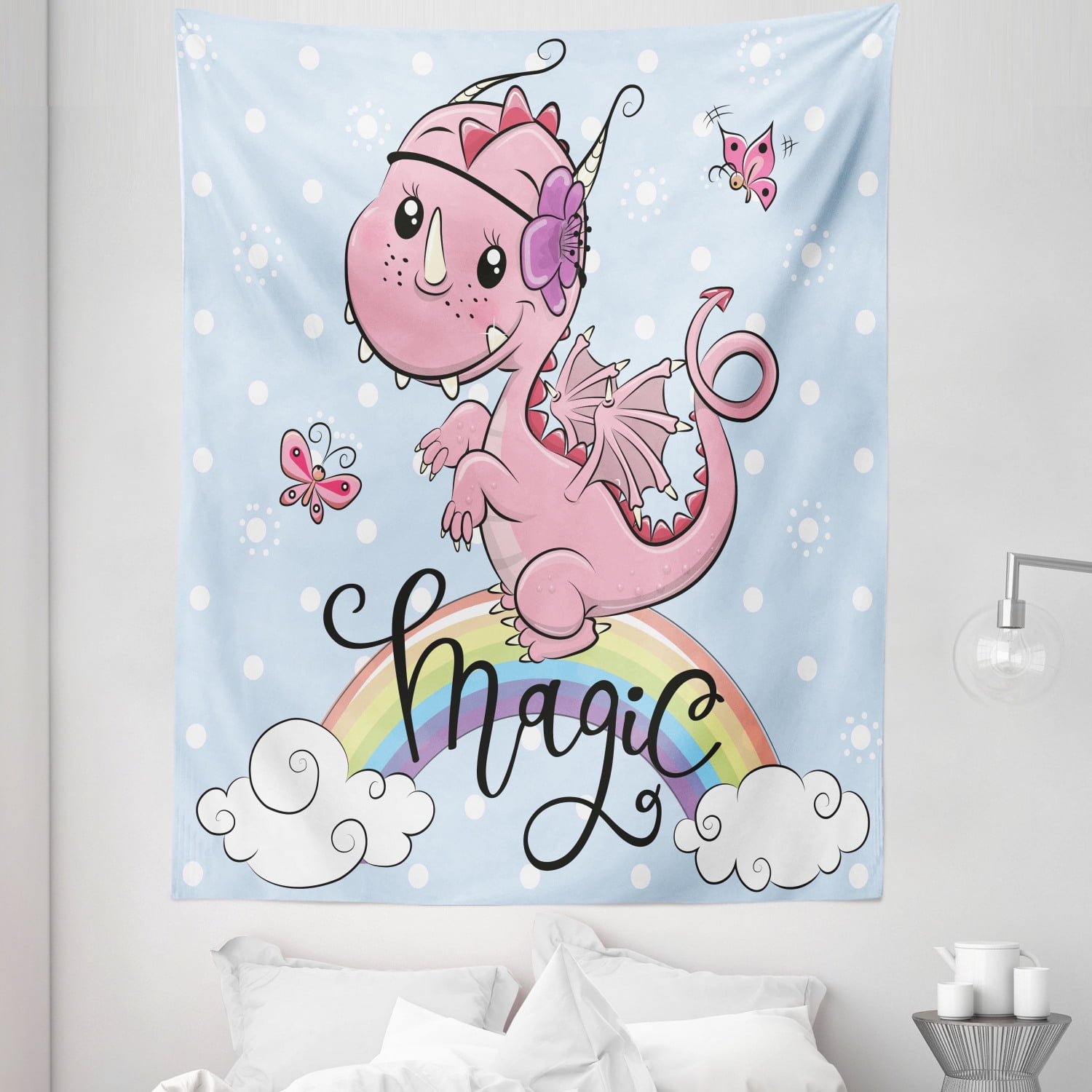 Dragon Tapestry, Magic Typography in Cursive with a Pink Cartoon Animal ...