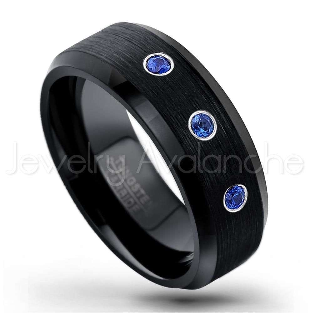 Black Tungsten Ring Beveled Edge - 0.21ctw Blue Sapphire 3-stone Band ...