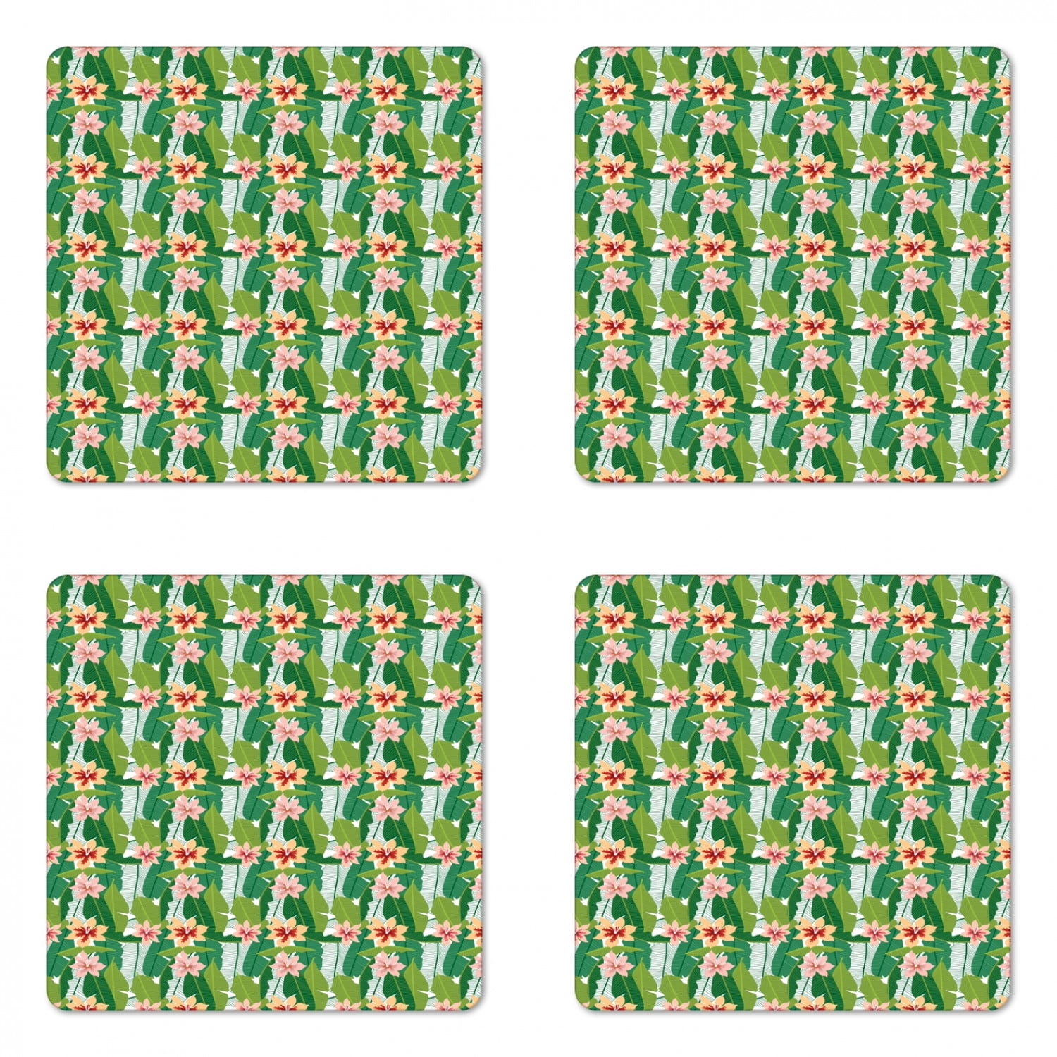 Floral Coaster Set of 4, Exotic Hawaiian Style Botanical Pattern for ...