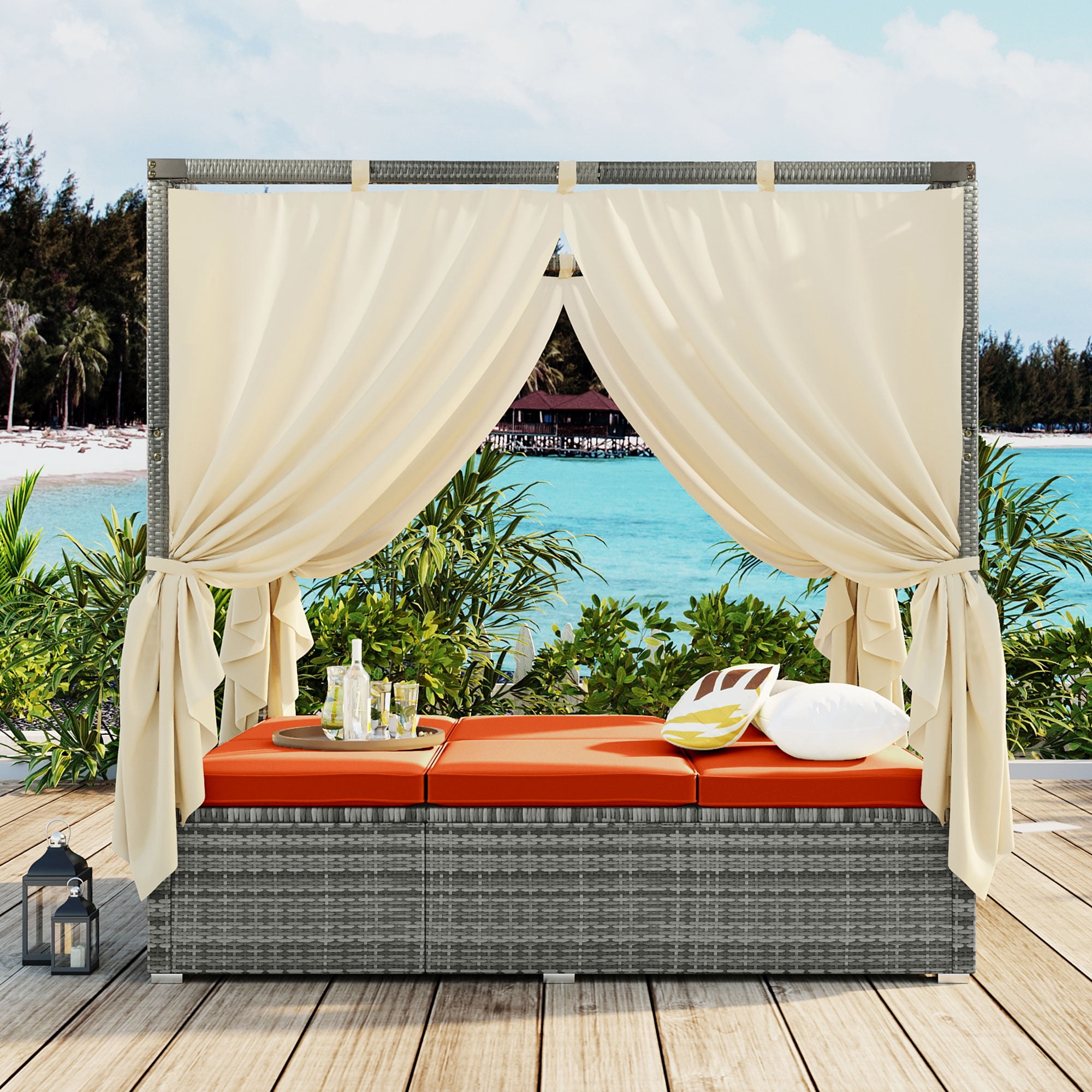 Outdoor Daybed with Canopy and Cushions, Steel Patio Wicker Sunbed with ...