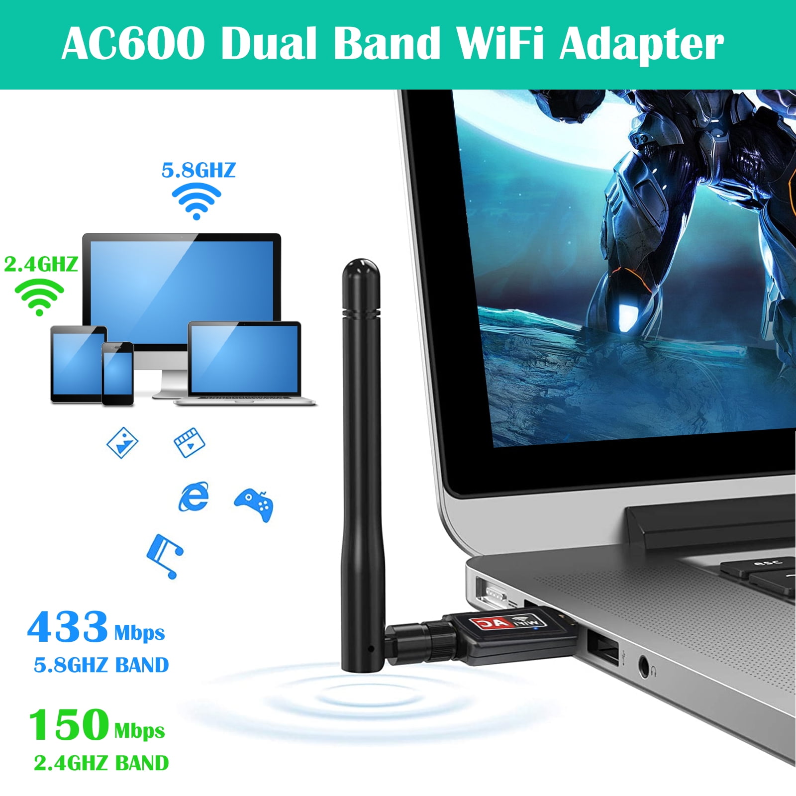Mini Wireless Dual Band WIFI USB Adapter for PC Laptop with Antenna in ...