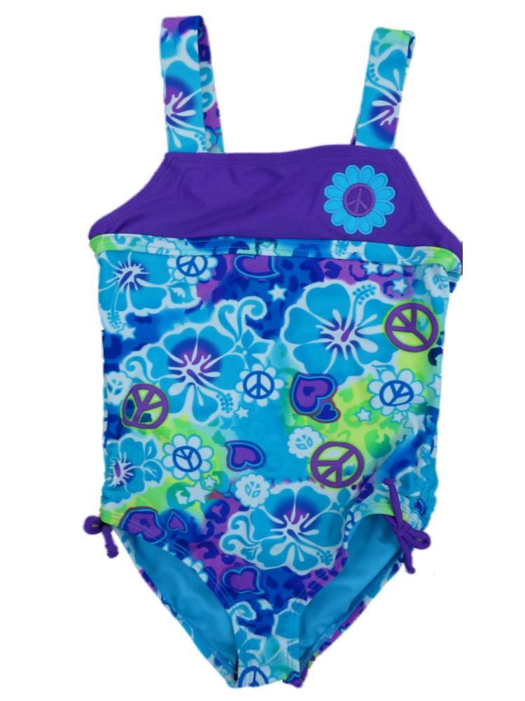 Angel Beach Girls Blue & Purple Flower Swimming Suit Swim Bathing Suit ...