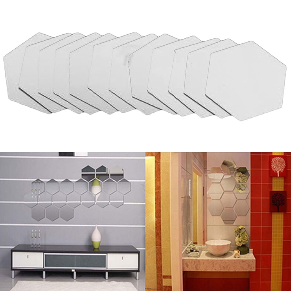 Xyer 12pcs Hexagonal Self Adhesive Mirror Effect Wall Sticker Living