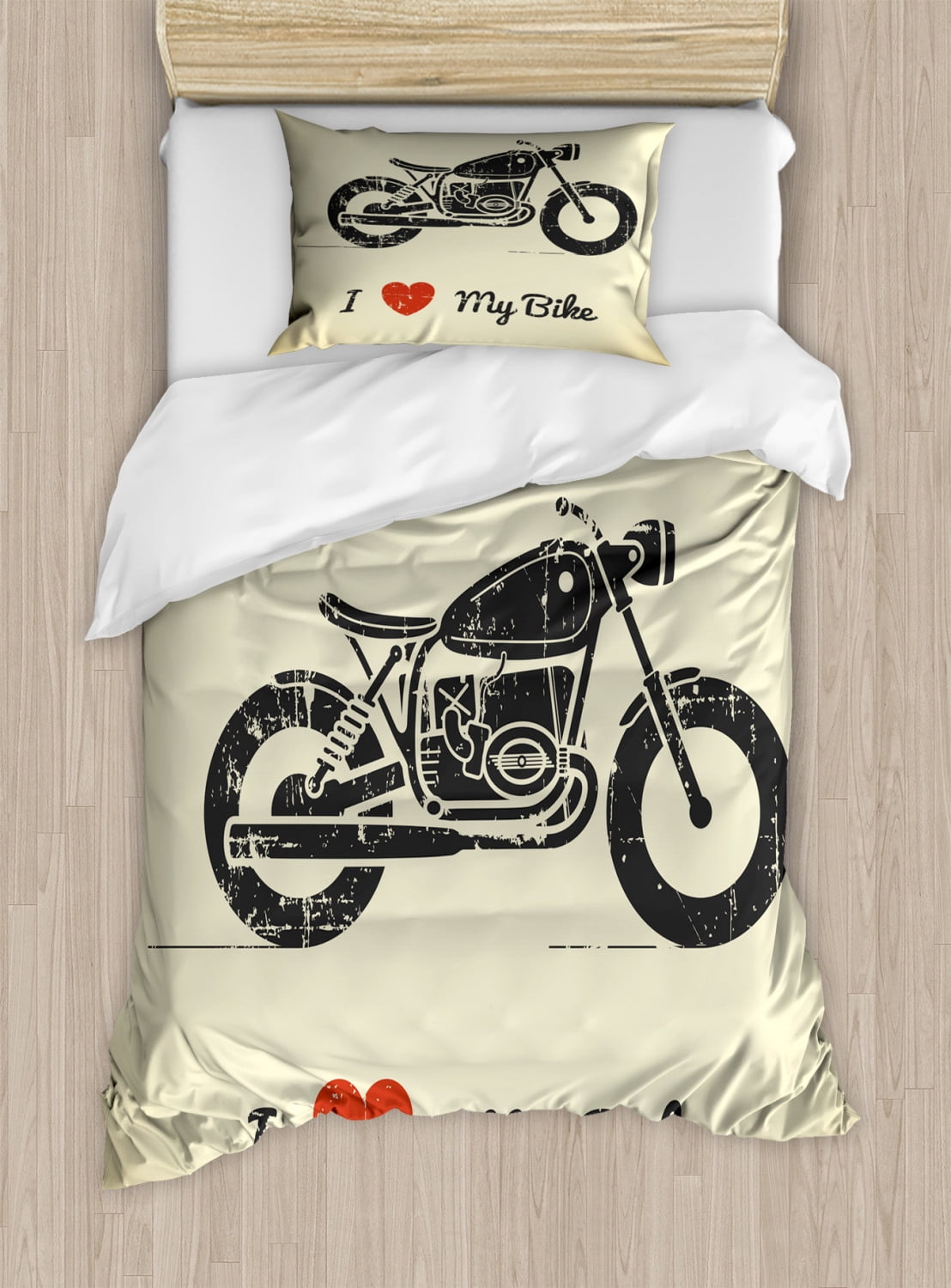 Manly Duvet Cover Set Twin Size, Vintage Grunge Flat Looking Motorcycle ...