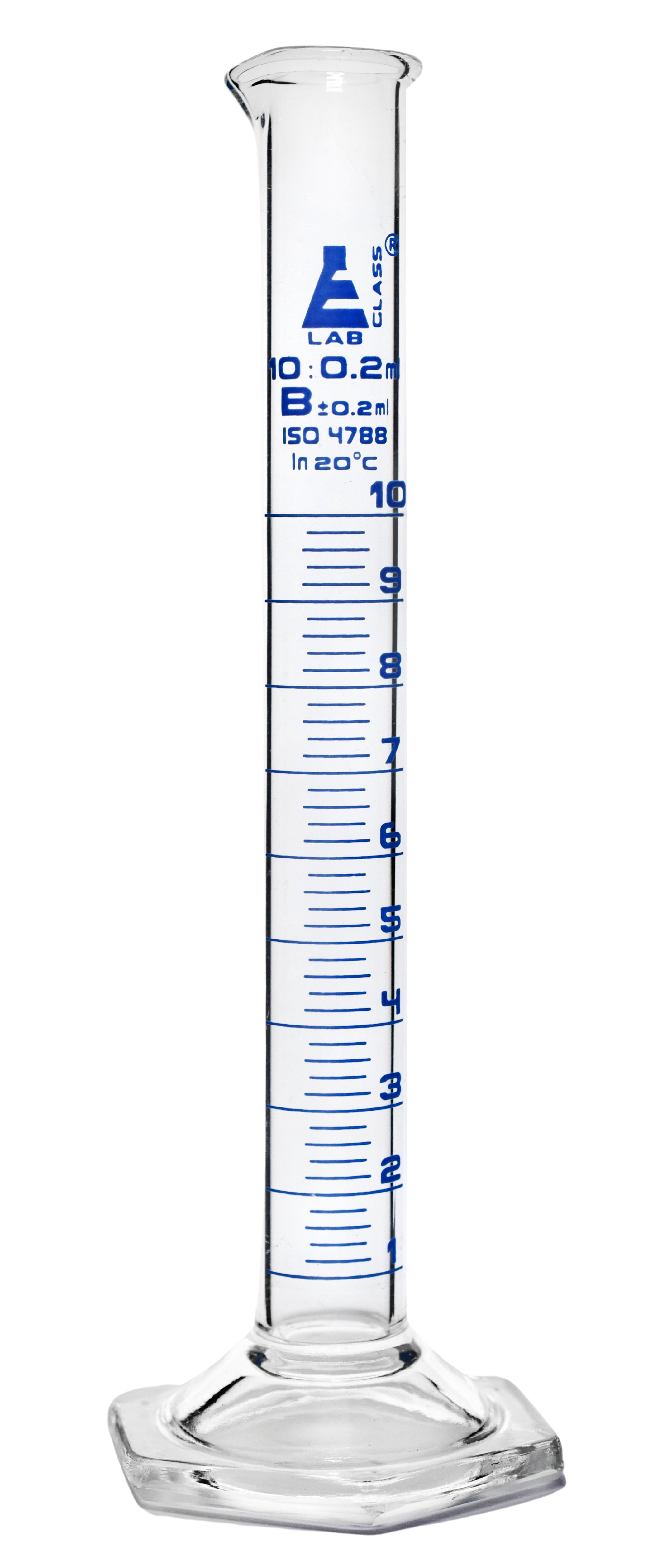 Graduated Cylinder, 10ml - Class B Tolerance ?0.20ml - Hexagonal Base - Blue Graduations ...