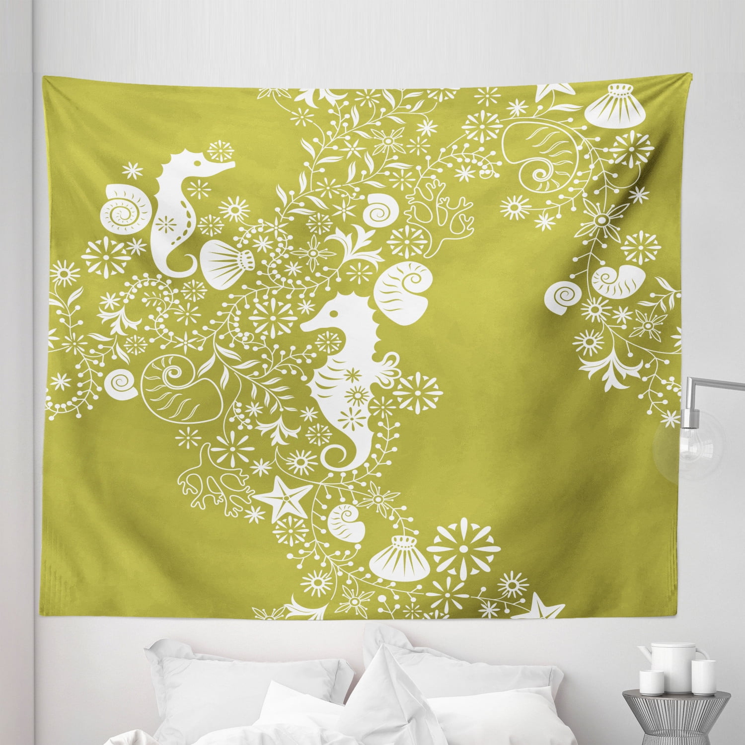 Sea Shells Tapestry, Abstract Swirl and Floral Elements Seahorse ...
